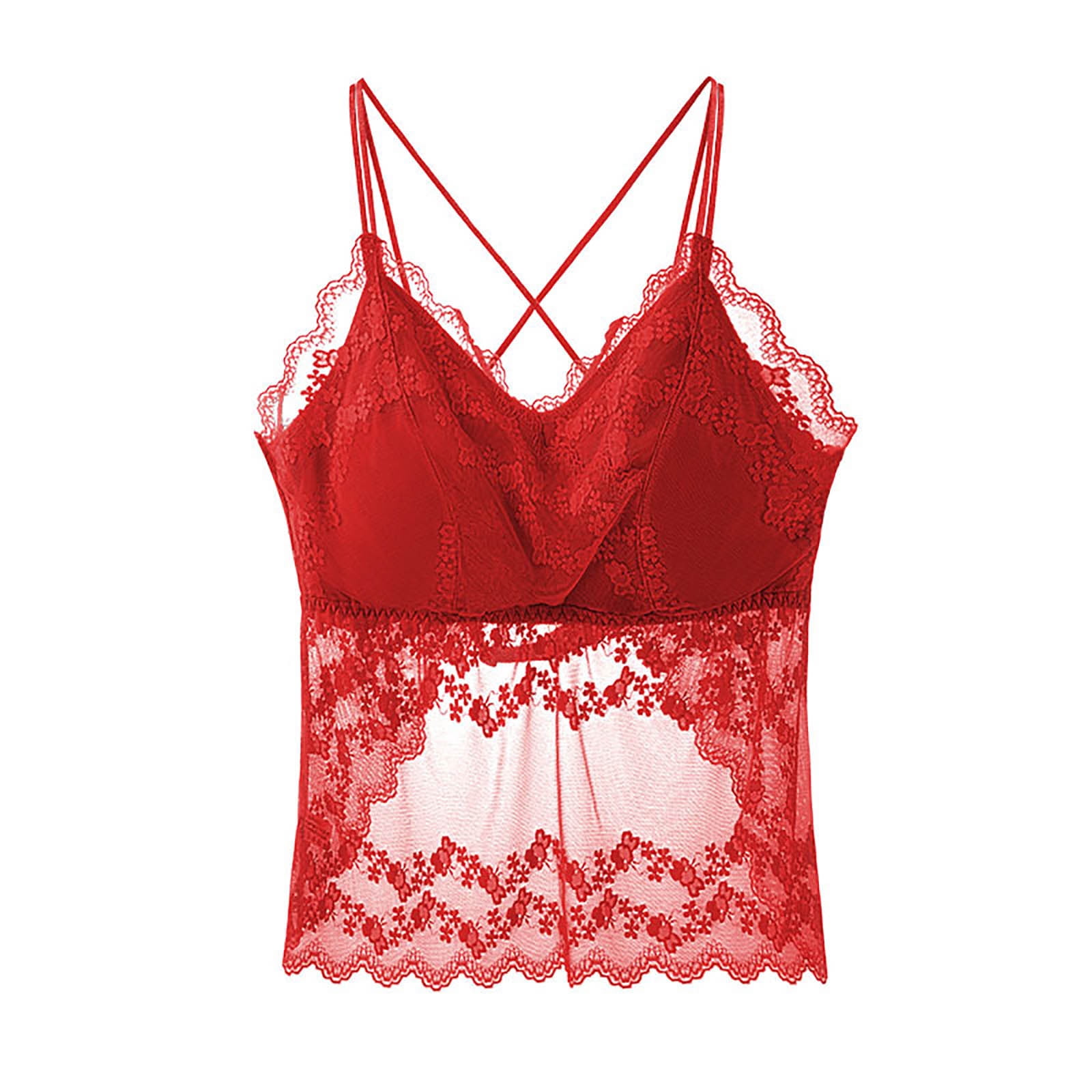 Ladies Sheer Lace Floral Bralette Wireless Padded Tank Top Deep V ...
