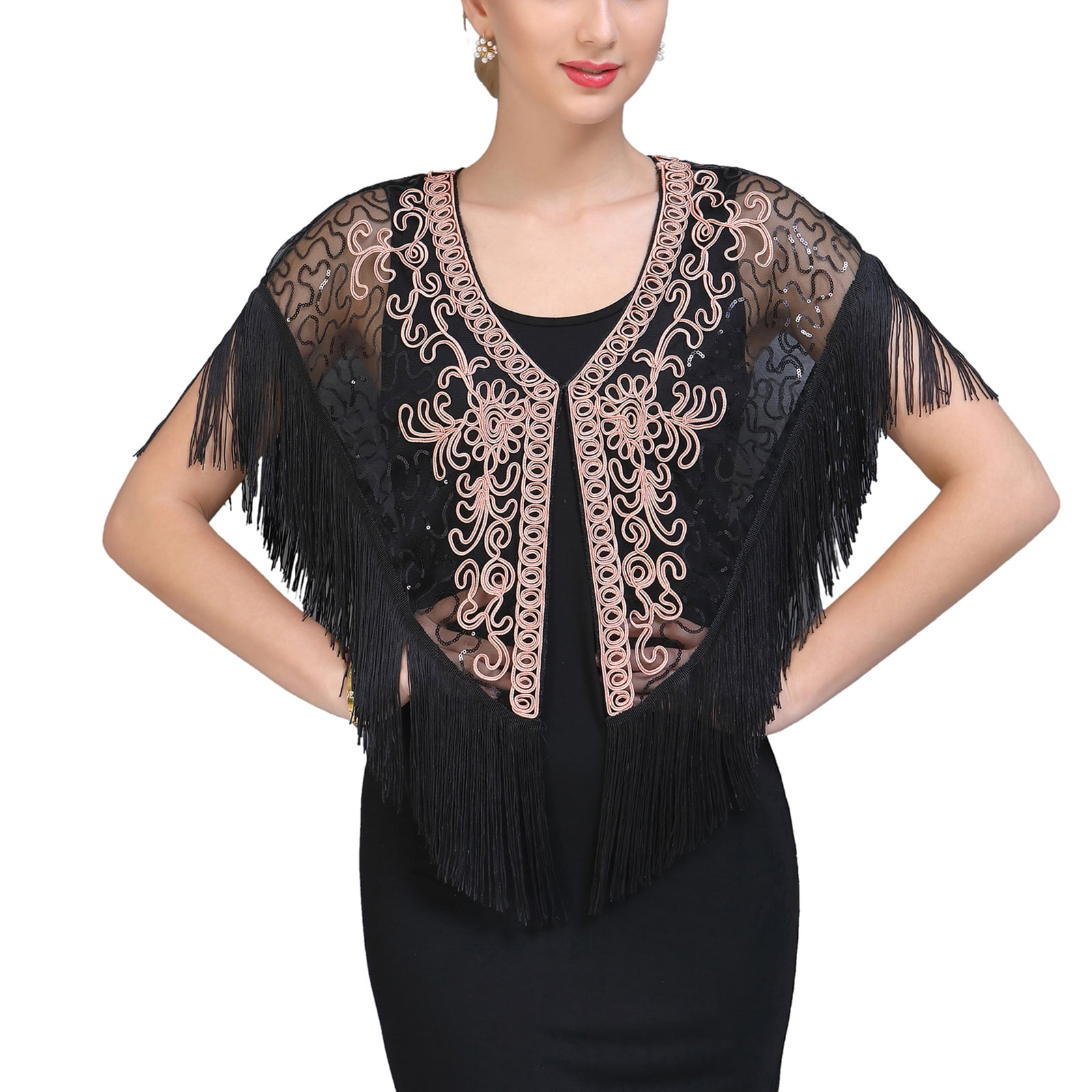 Ladies Shimmering Glitter Formal Fringe Shawl Bolero Capelet Shrug ...