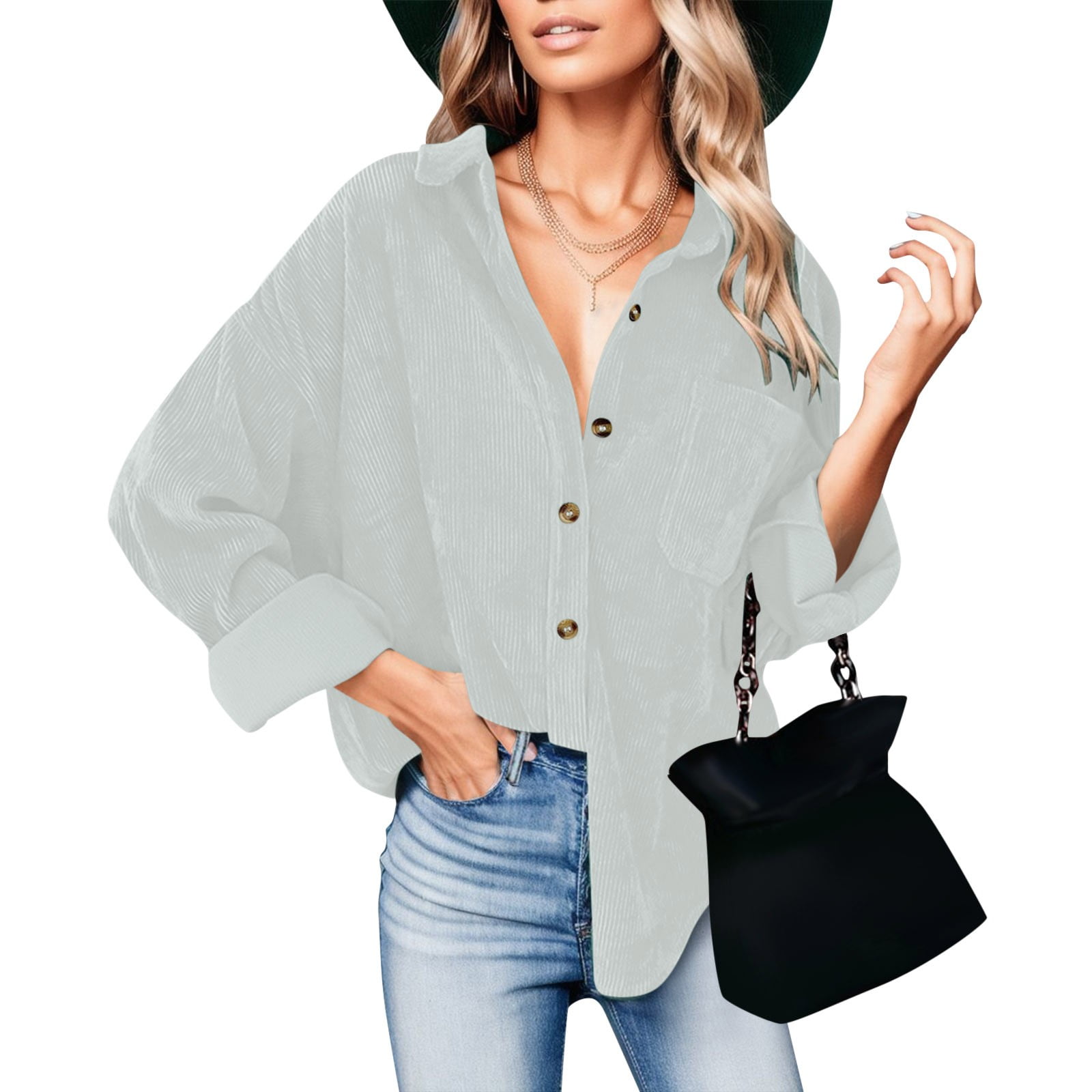 Ladies Shirts Summer Top for Women Shirts Corduroy Button-Down Shirt ...