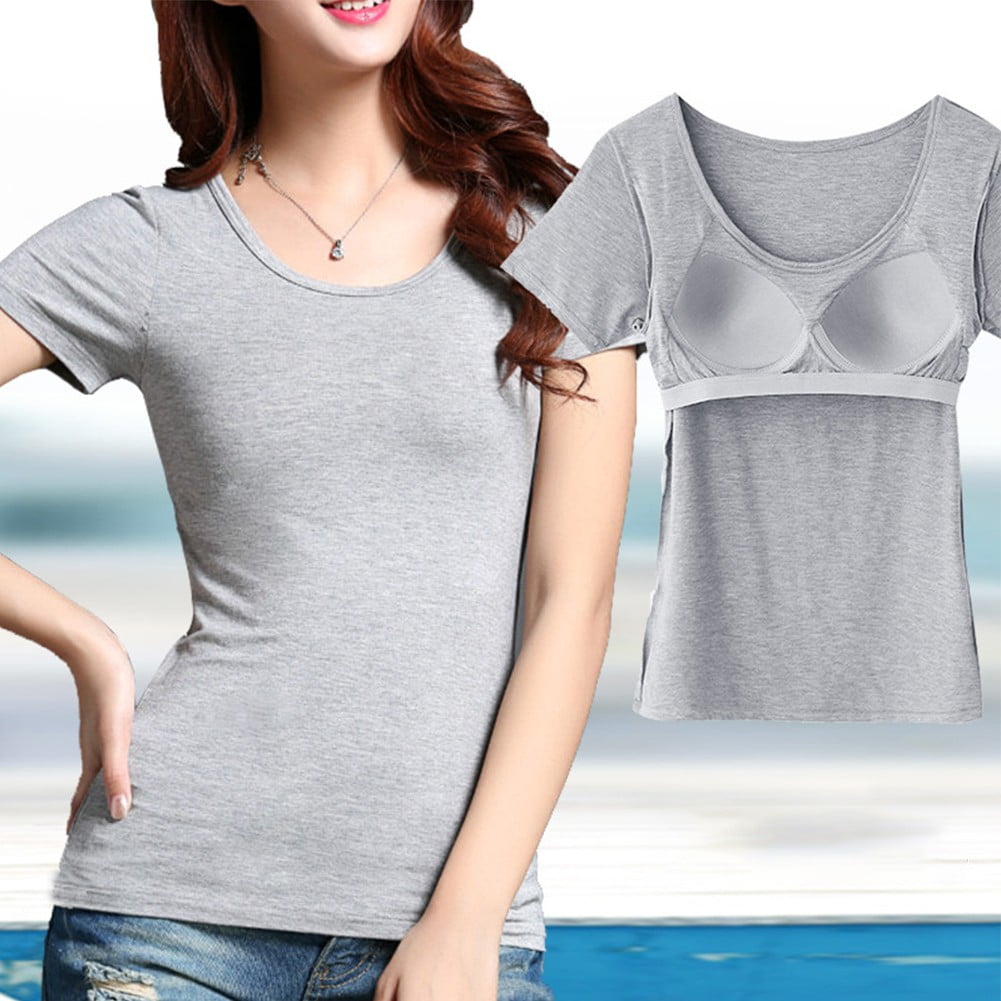 Ladies Short Sleeve Tops With Built In Bra Women Push Up Padded Layer T ...