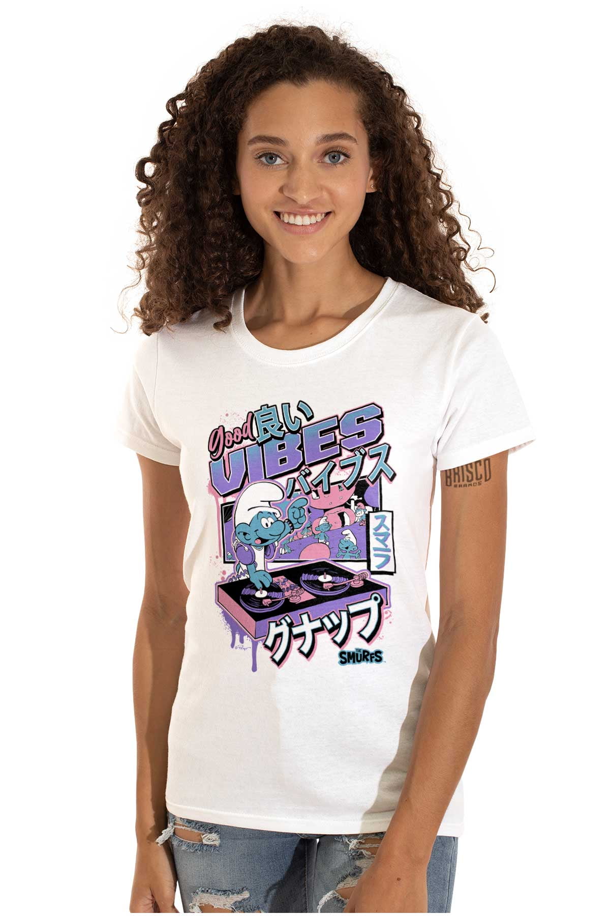 Ladies Slim Fit Shirt The Smurfs Graphic Tee Cool Kanji DJ Comic Panels ...