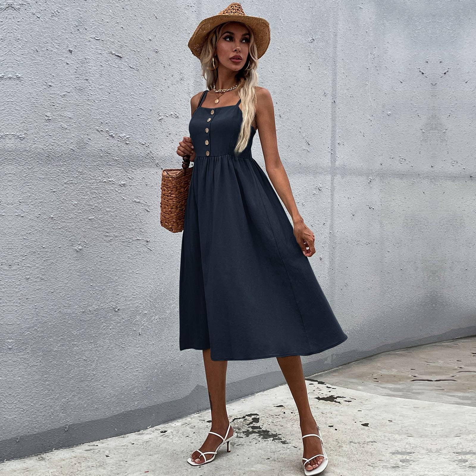 Ladies' Slim Fit Solid Color And Linen Dress With Camisole Dress ...
