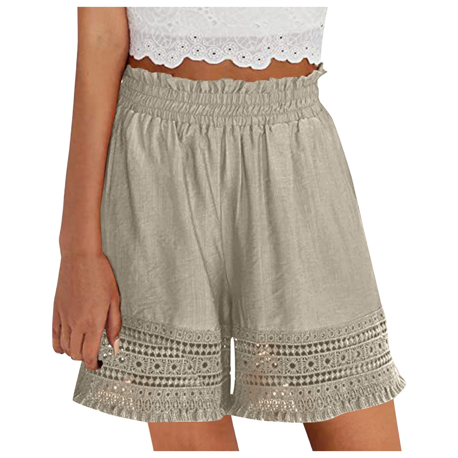 Ladies Solid Color Cotton Linen High Waist Lace Shorts - Hollow Design, Wide Leg, Casual/Summer ...