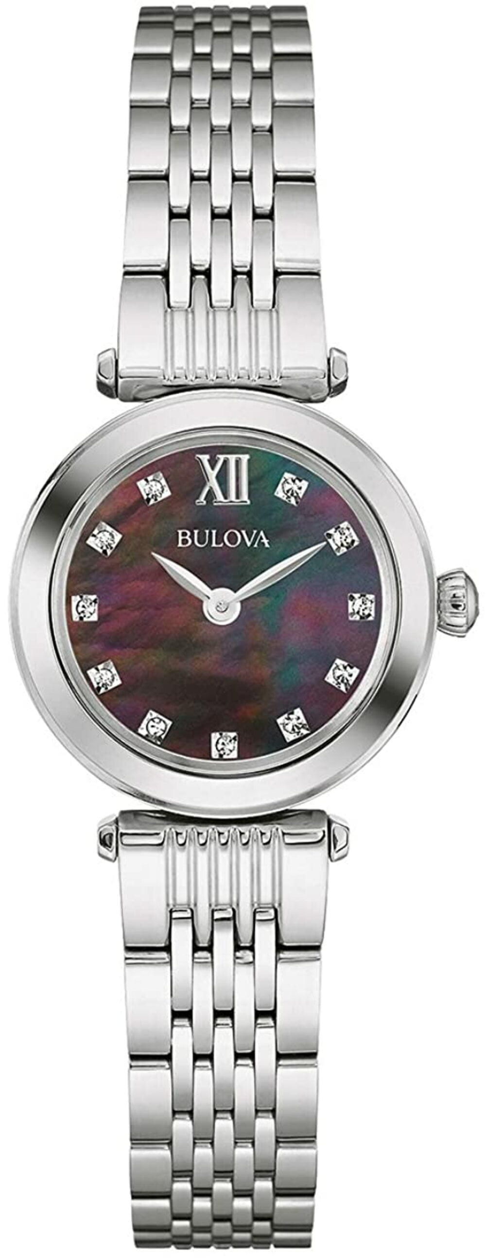 Ladies Stainless Steel and Diamond Watch with a Black Mother of Pearl ...