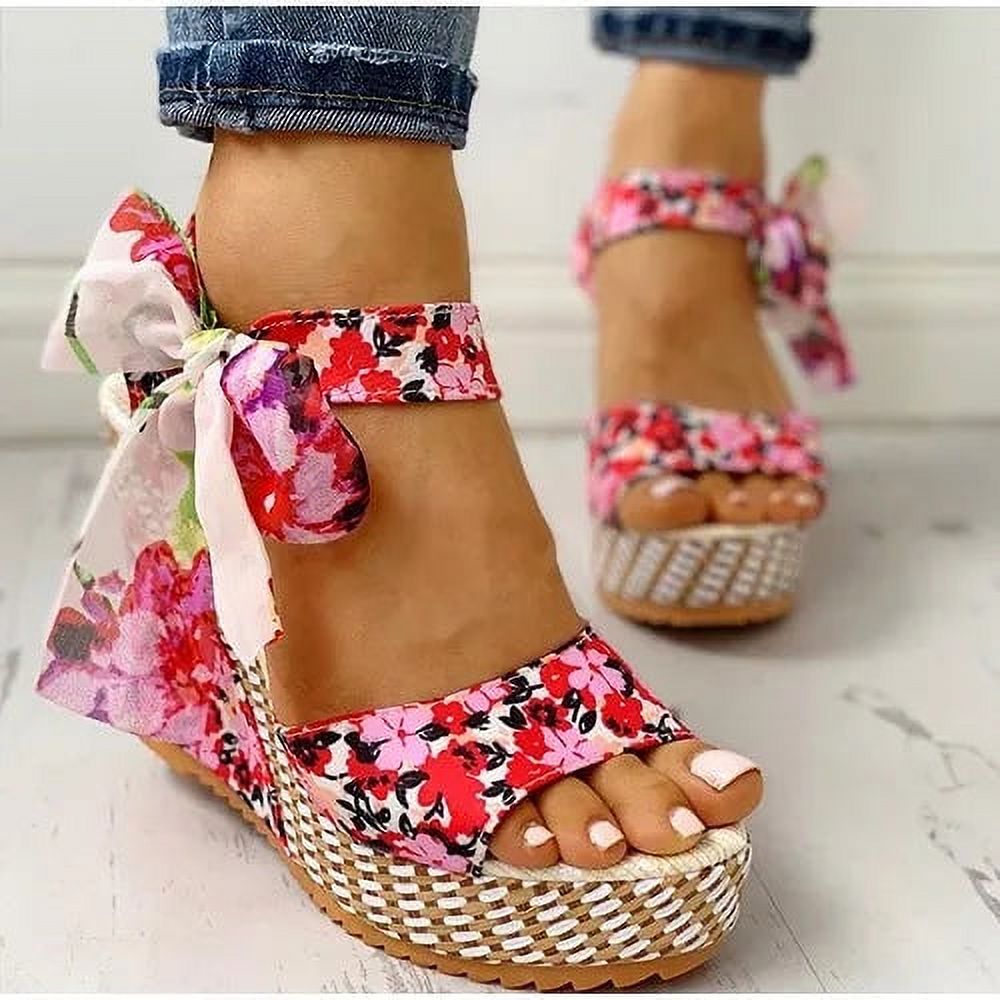 Ladies Summer Beach Boho Floral Wedge Sandals Women Ankle Strap ...