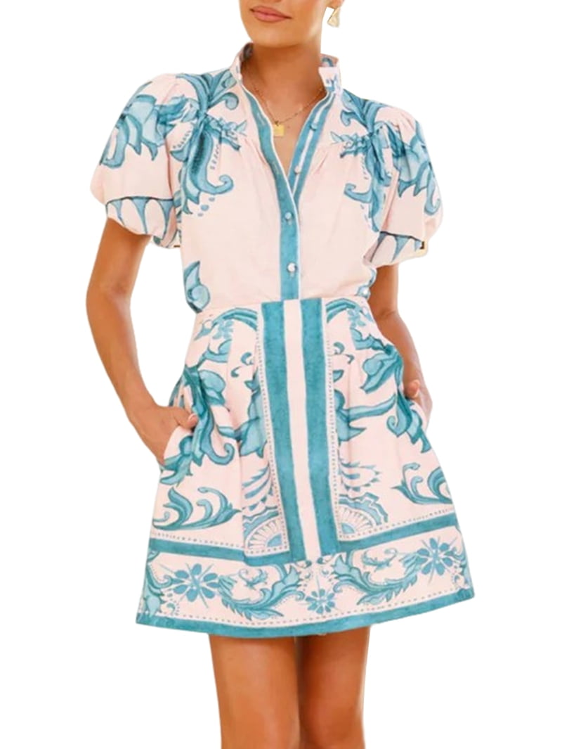 Ladies Summer Bohemian V Neck Puff Sleeve Linen Short Skirt Suit Green S - Walmart.com