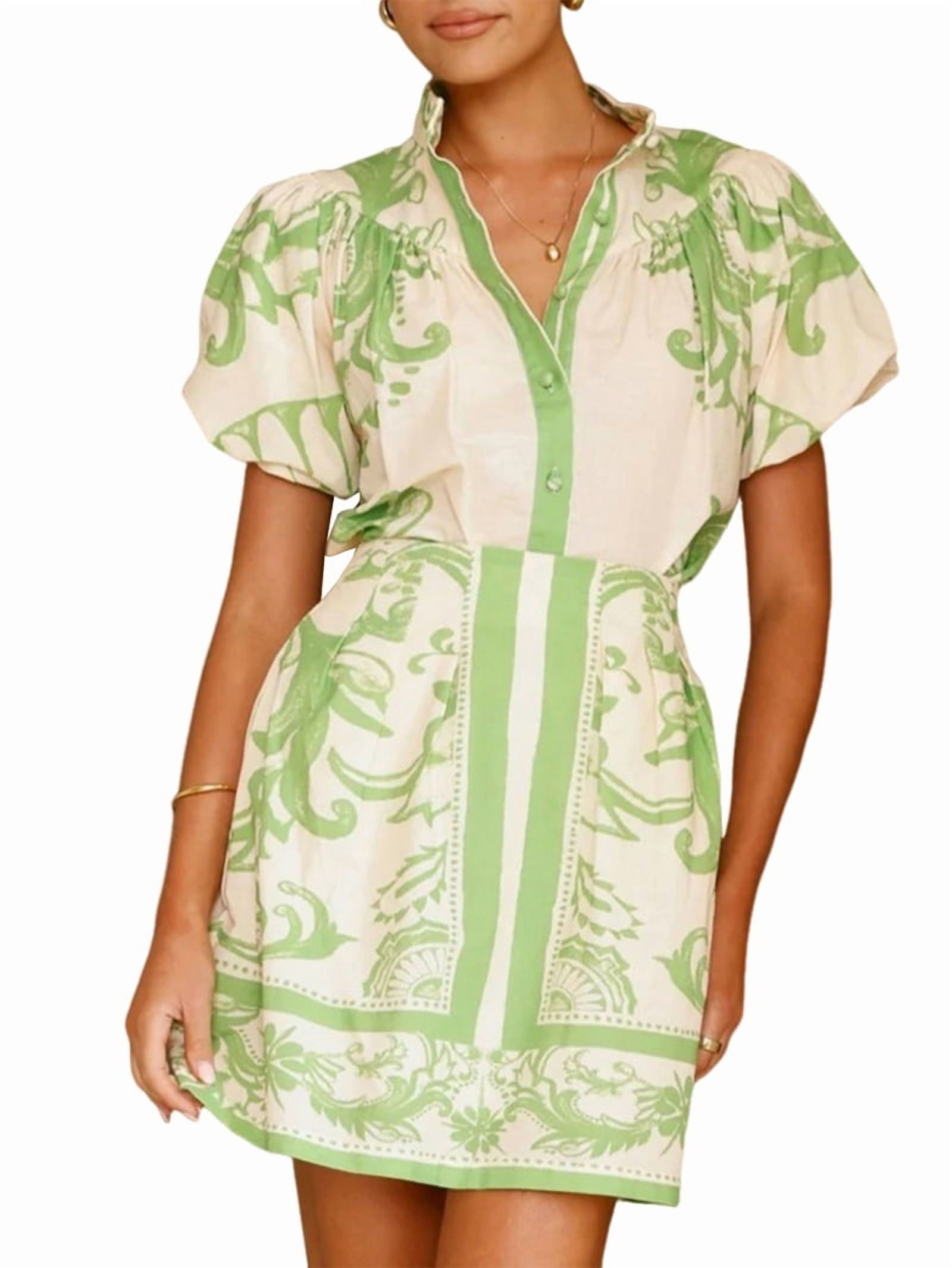 Ladies Summer Bohemian V Neck Puff Sleeve Linen Short Skirt Suit Light ...