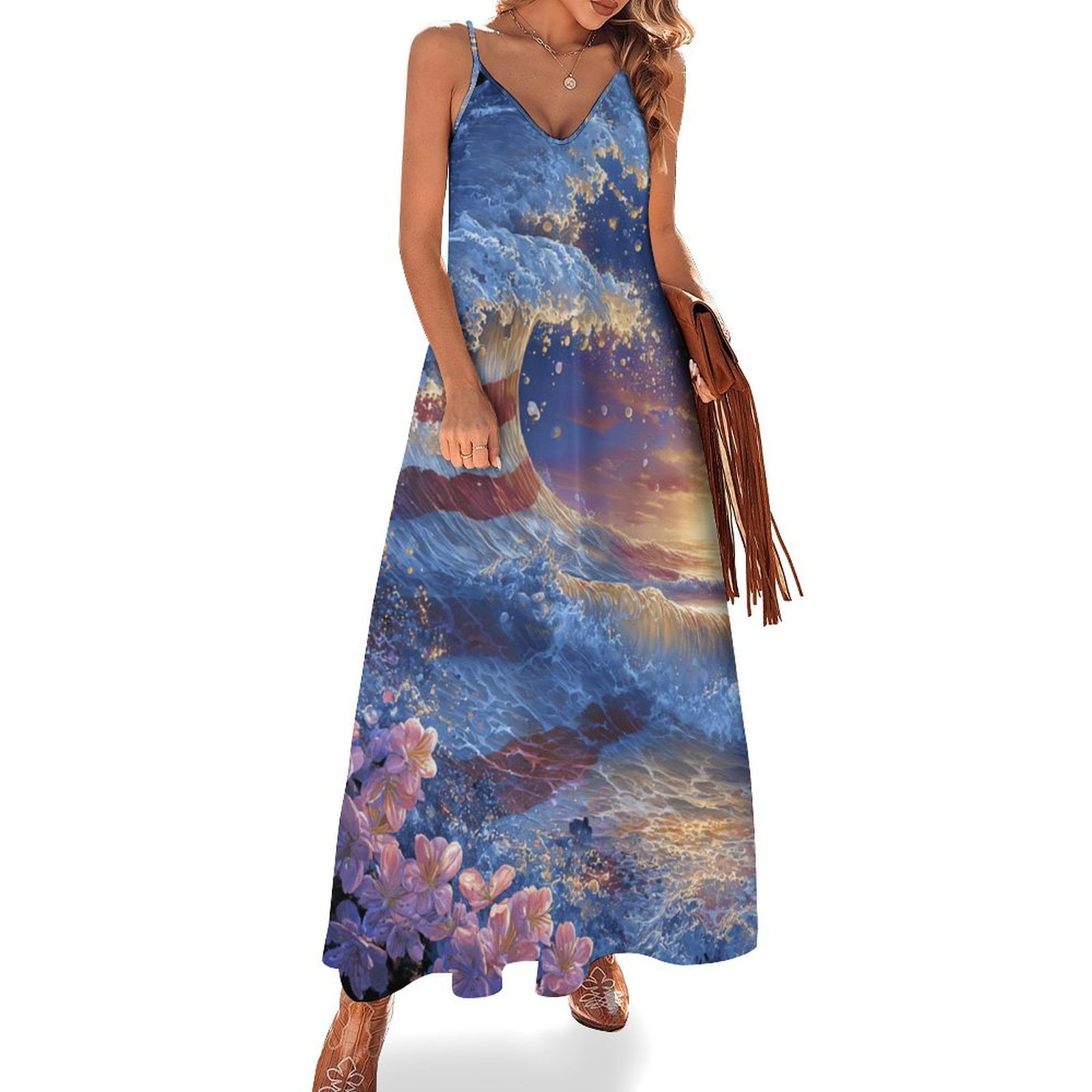 Ladies' Summer Dress Beach Sleeveless American Flag Ocean Wave Sunset Blossom T-shirt Vest Sun ...