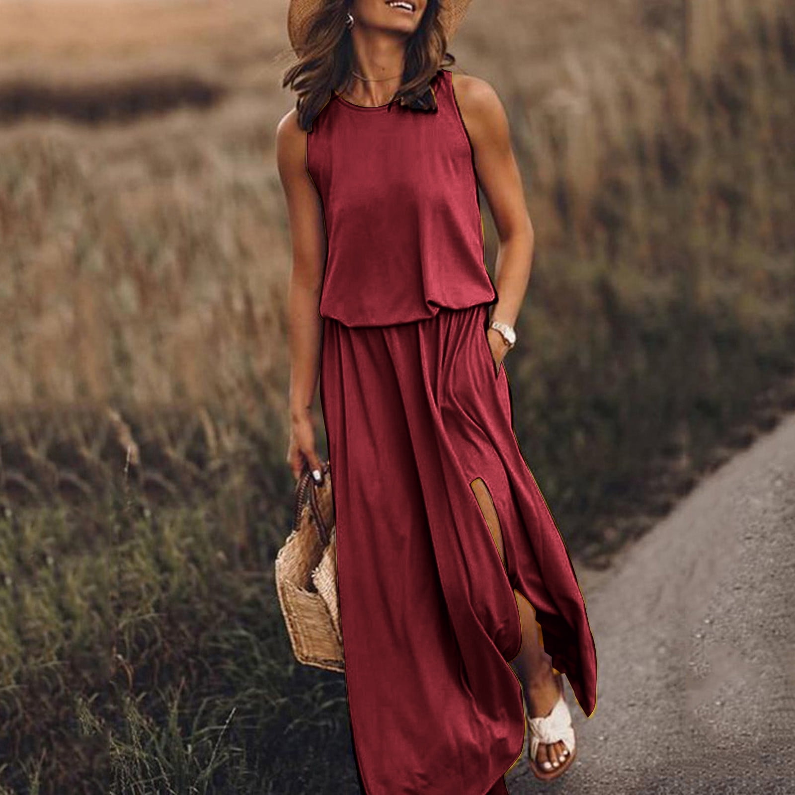 Ladies Summer Maxi Dresses Casual Sleeveless Split Tank Top Long Dress ...