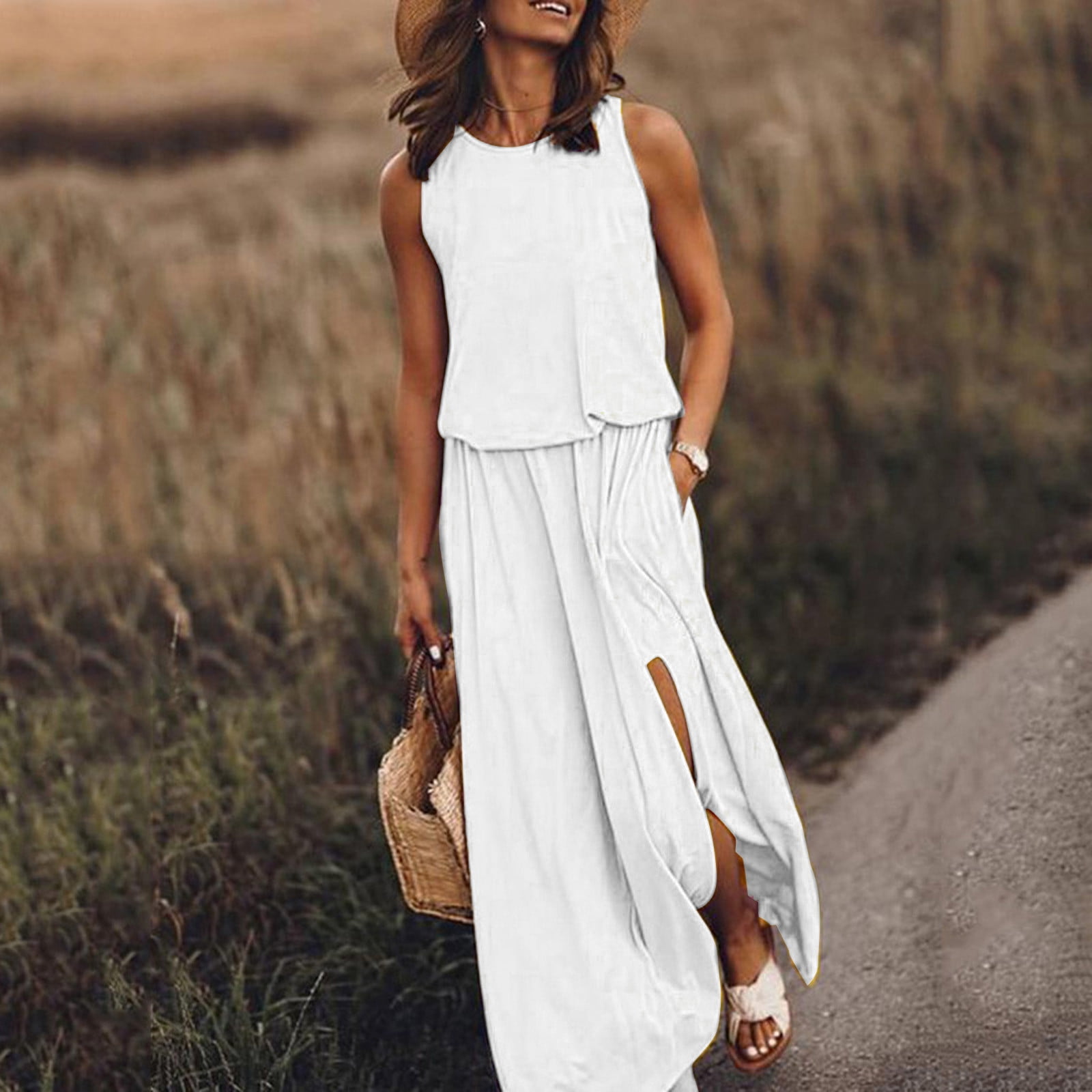 Ladies Summer Maxi Dresses Casual Sleeveless Split Tank Top Long Dress ...