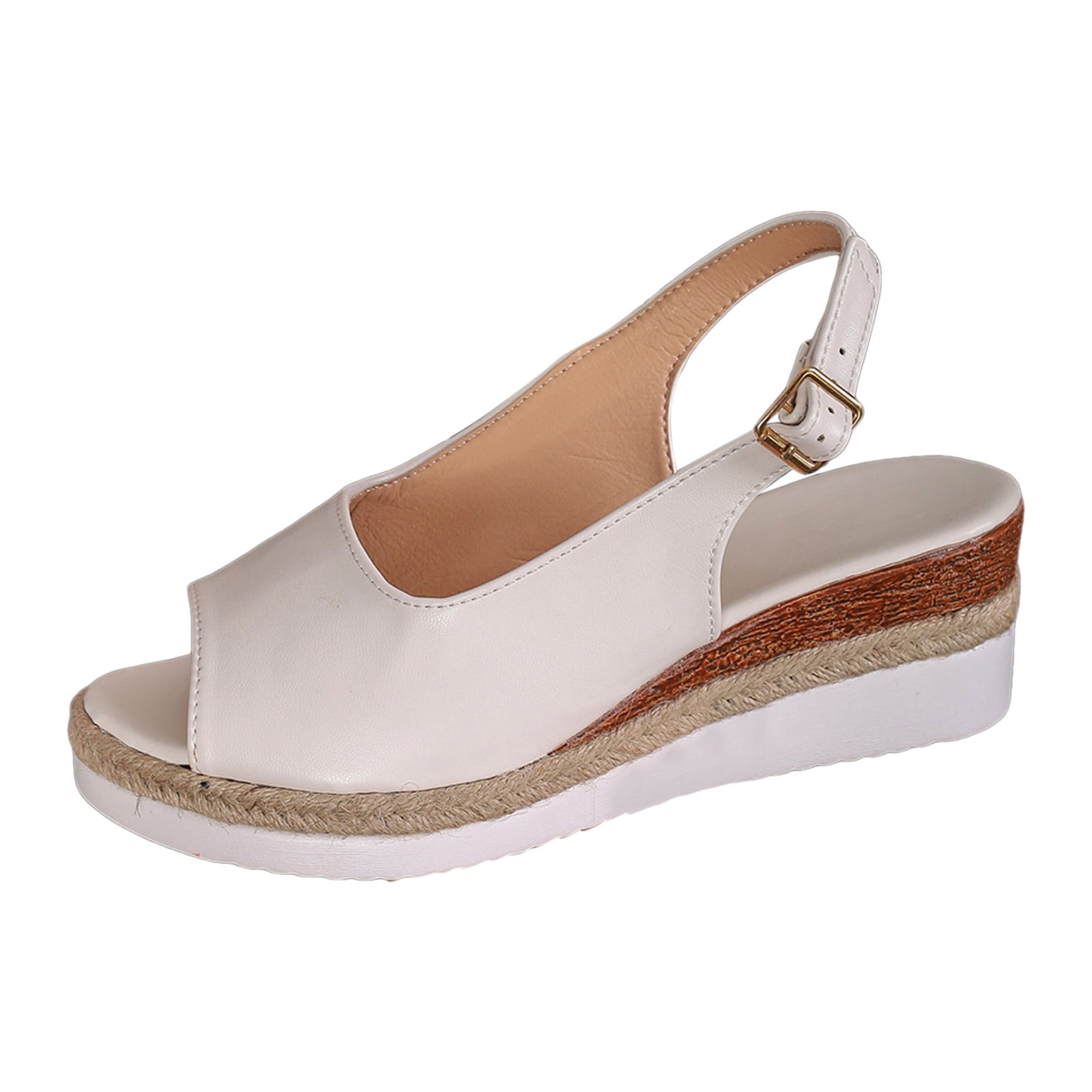 Ladies Summer Simple Solid Colour Soft Leather Buckle Slope Heel Thick ...