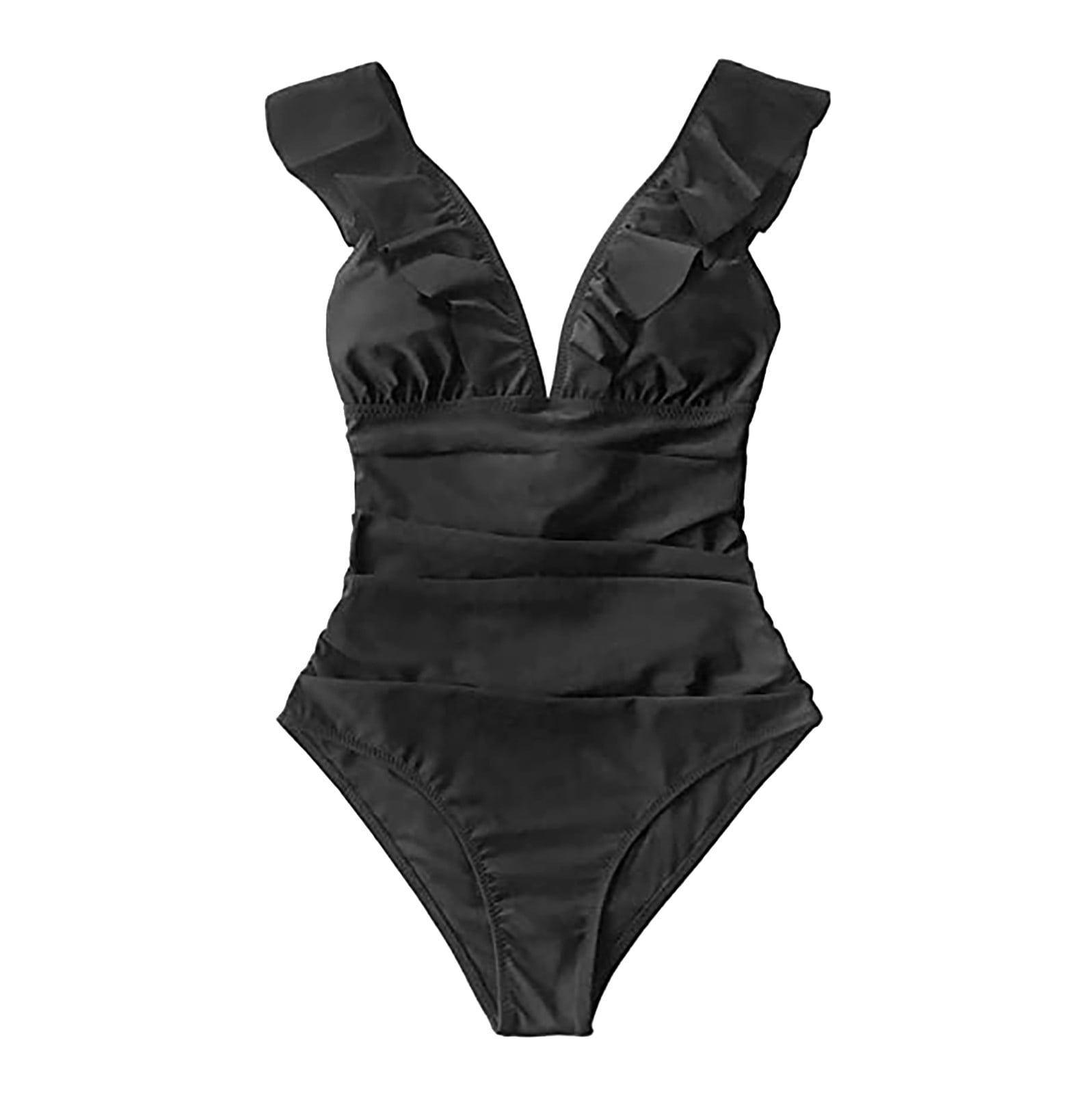 Ladies Summer Swimsuit Deep V Neck Swimsuit Ruffle Trim Back Hollow Lace Backless Sexy Swimsuit