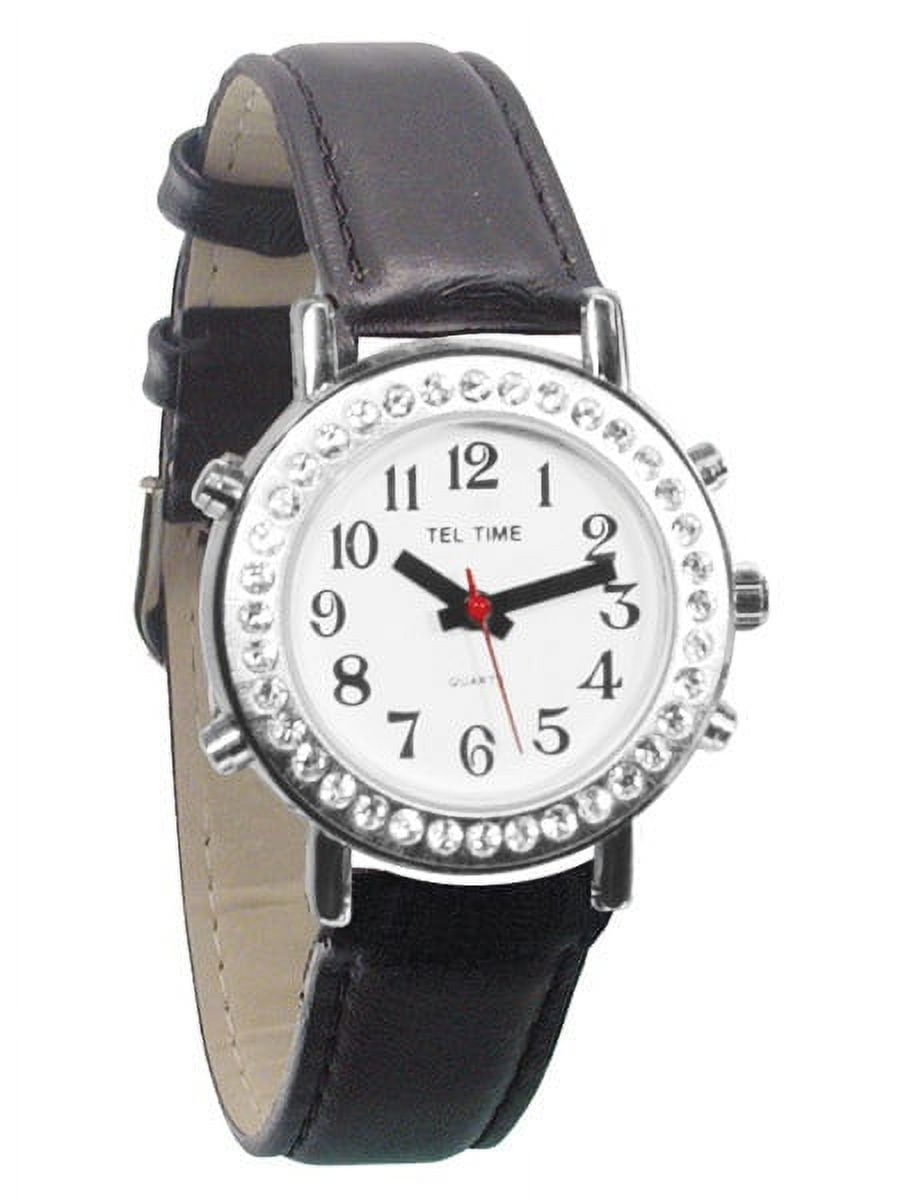 Ladies Talking Watch with Rhinestone Bezel and Leather Band- English ...