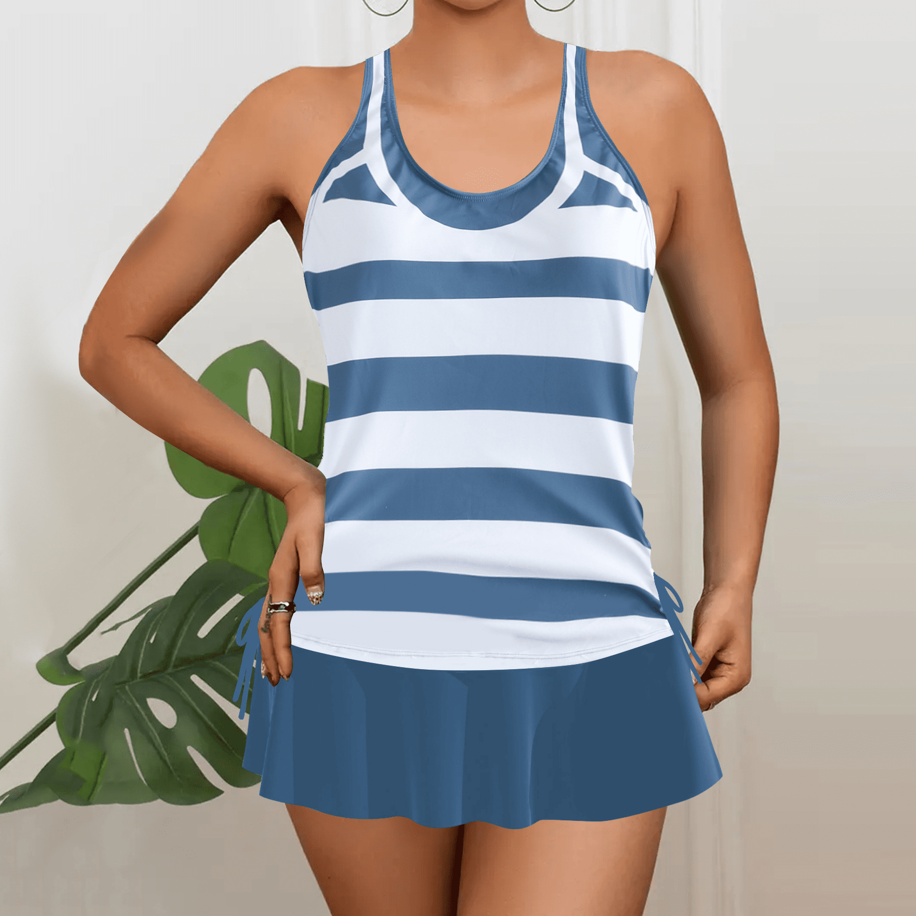 Ladies' Tankini top, skirt style swimsuit, striped retro split swimsuit ...