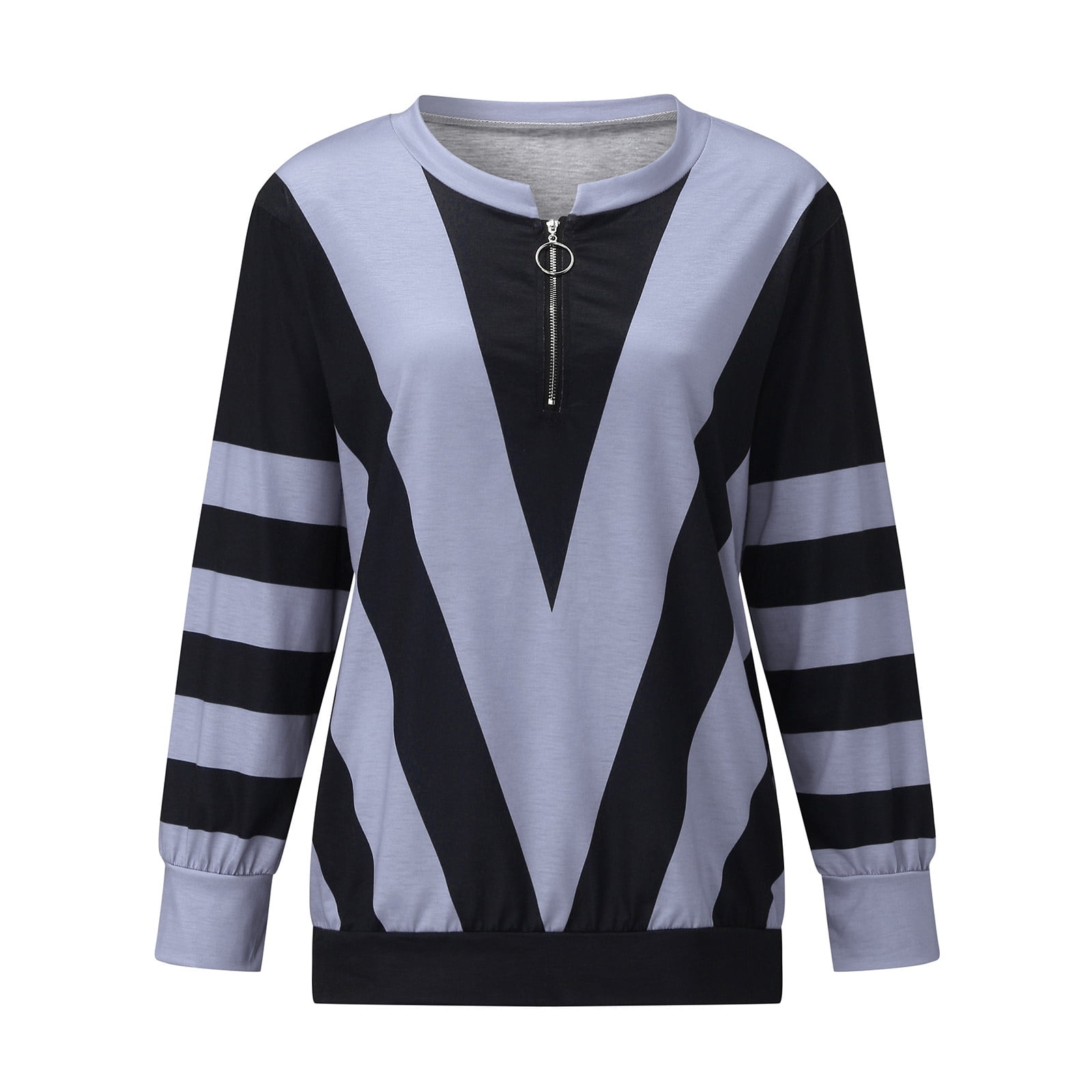 Ladies Temperament Zipper V-Shaped Shirts for Women Long Sleeve Strip ...