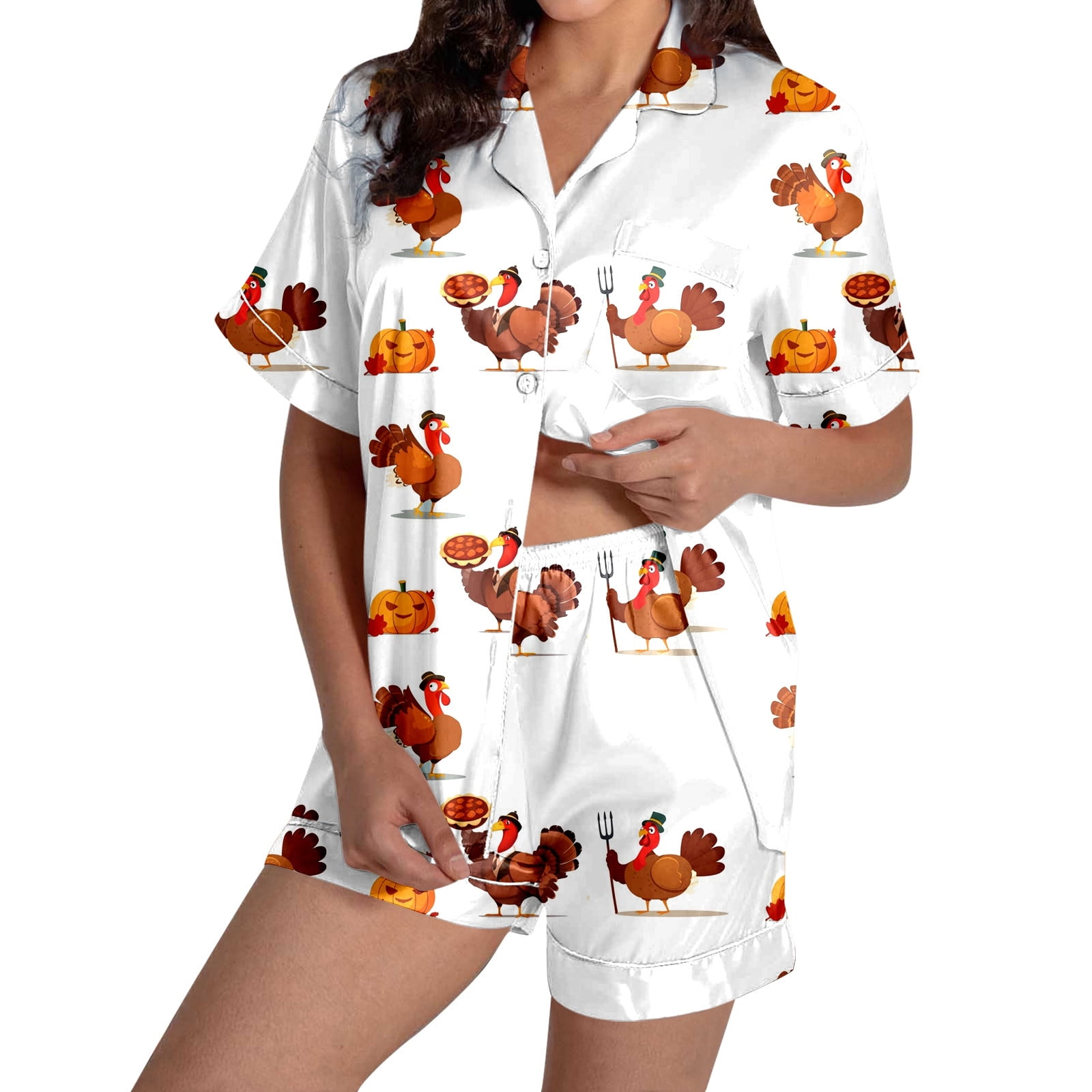 Ladies' Thanksgiving Turkey Print Pajama Shorts Set 2024 Pants Set ...