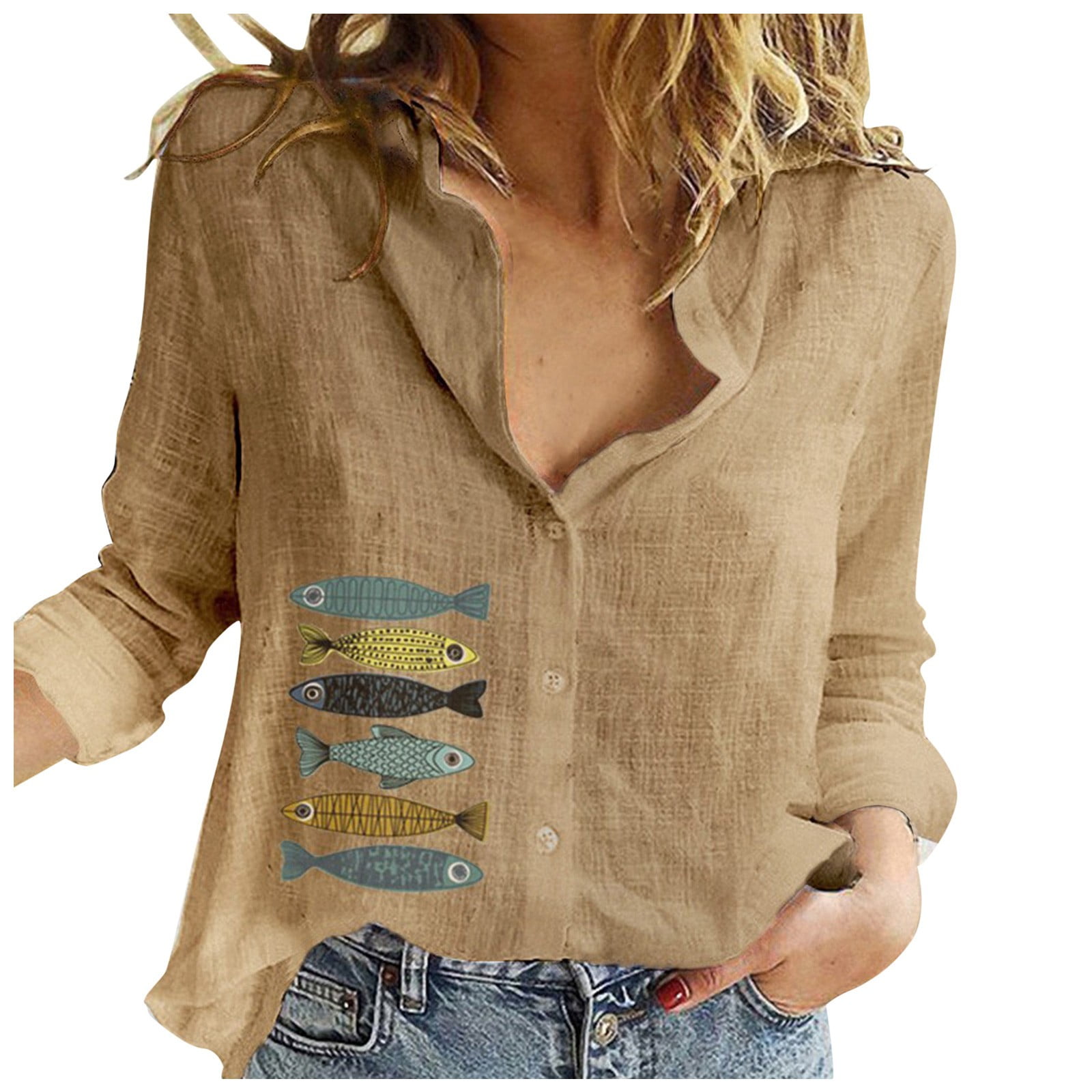 Ladies Top Fashion Long Sleeve Lapel Shirt Single Printed Shirt Cotton ...