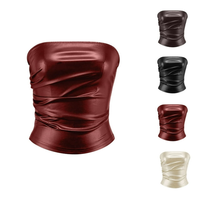 Ladies Tops And Blouses Faux Leather Tube Top Sexy Ruched Strapless ...