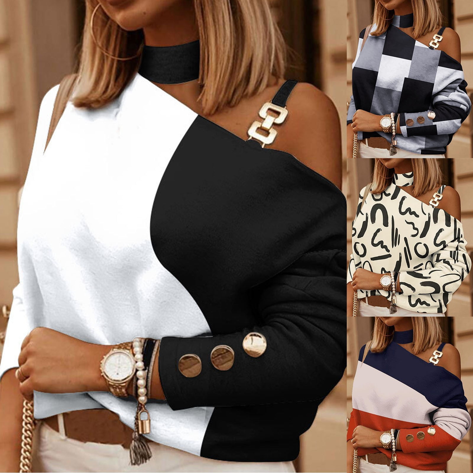 Ladies Tops And Blouses Halter Neck Chain Hang Neck Printed Button ...