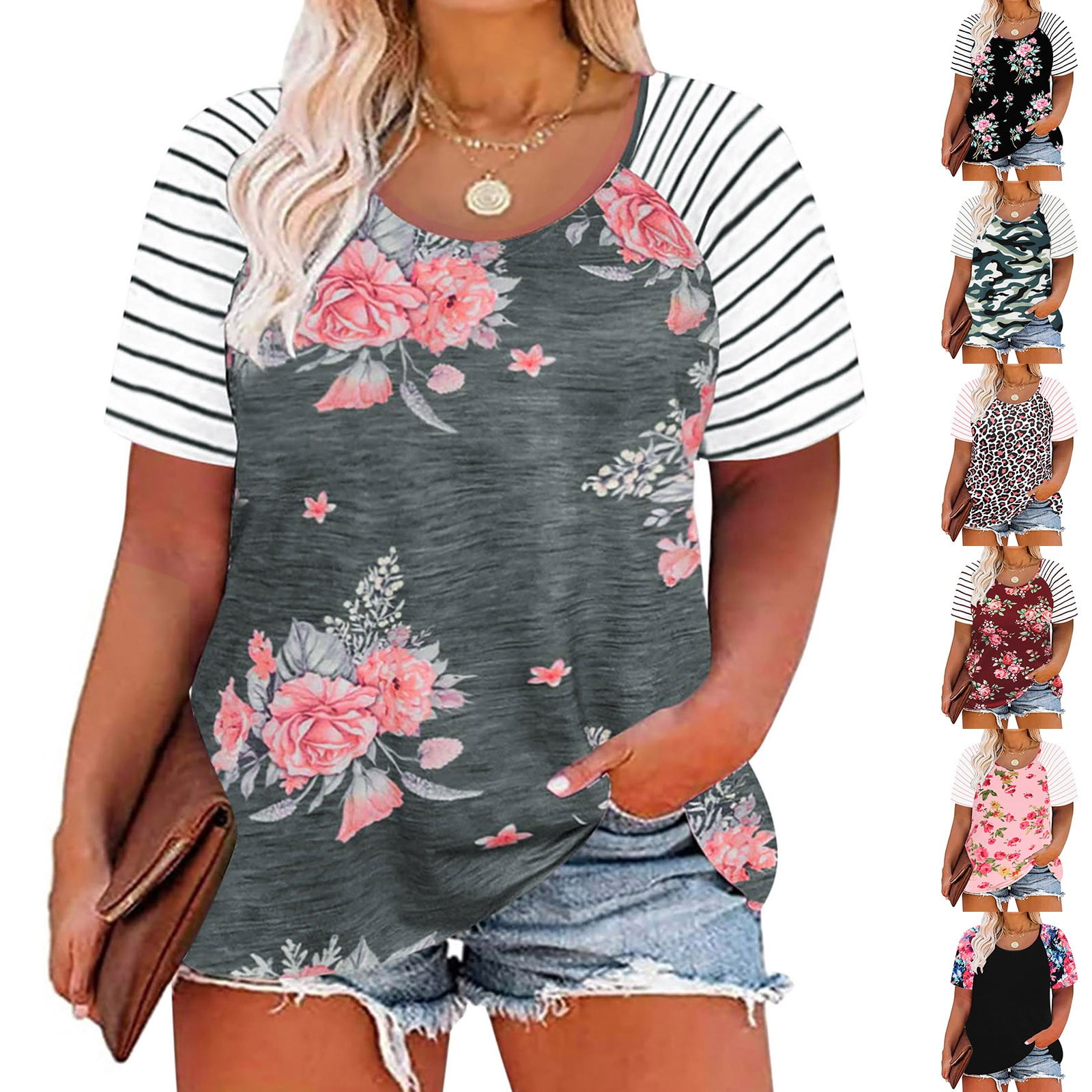 Ladies Tops And Blouses Plus Size Short Sleeve Striped Stitching Tunic ...