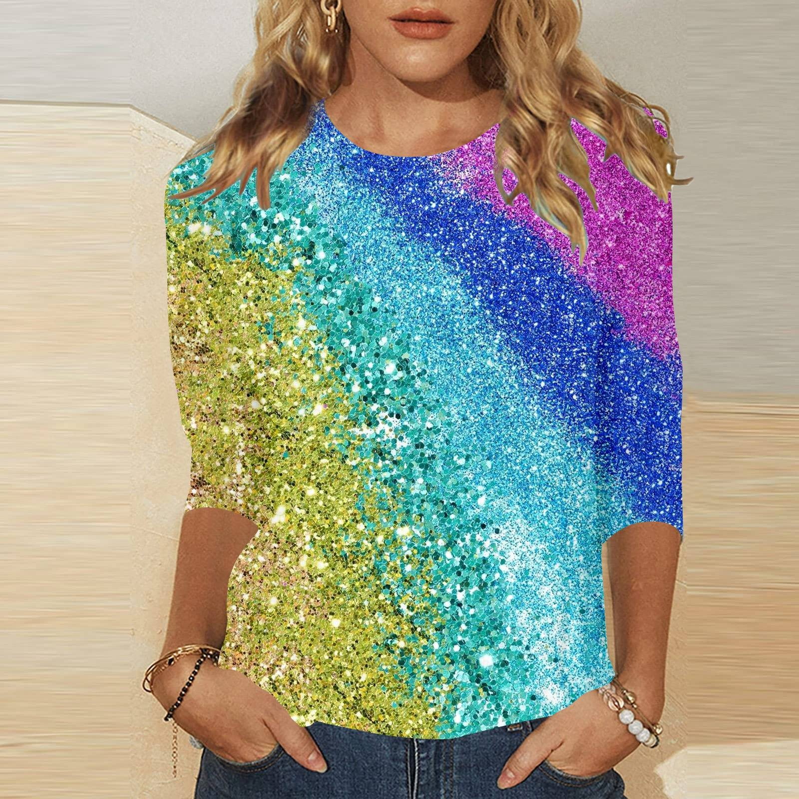 Ladies Tops And Blouses Rainbow Sparkling Sequin Printed 3/4 ...