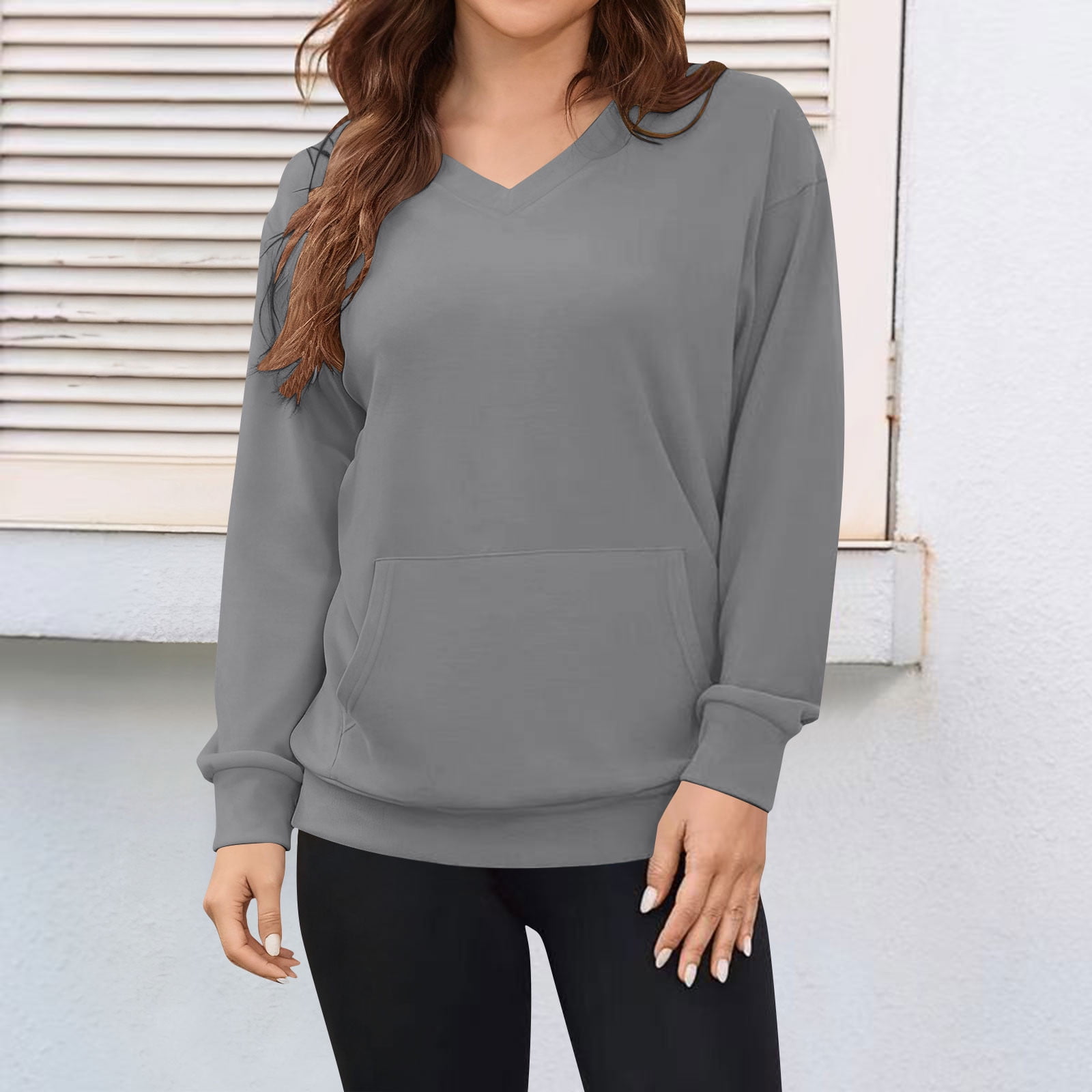 Ladies Tops and Blouses Oversized Blouses V-Neck Long Sleeve Workout ...