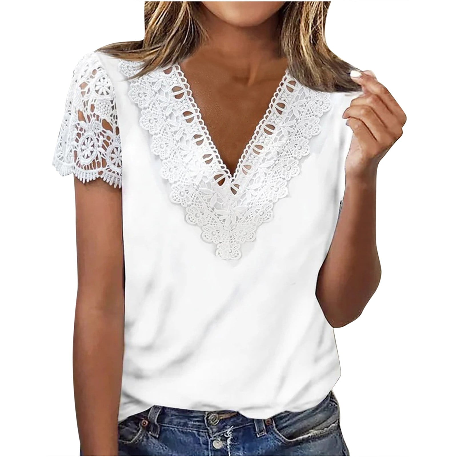 Ladies Tops Elegant Lace V Neck V Neck Plain Shirts Floral Printed ...