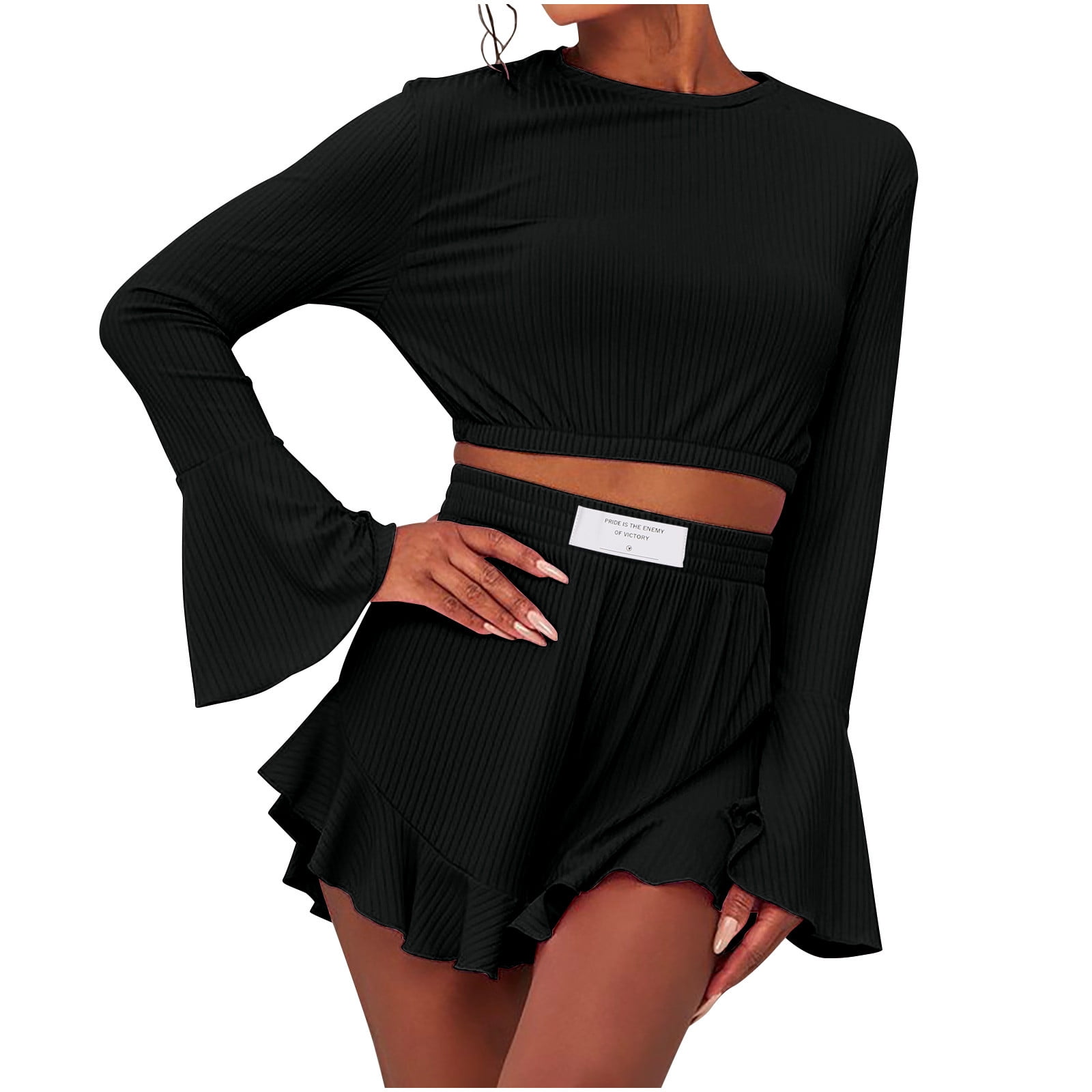 Ladies Two Piece Lounge Outfits Ribbed Flowy Ruffle Pajama Sets Bell ...