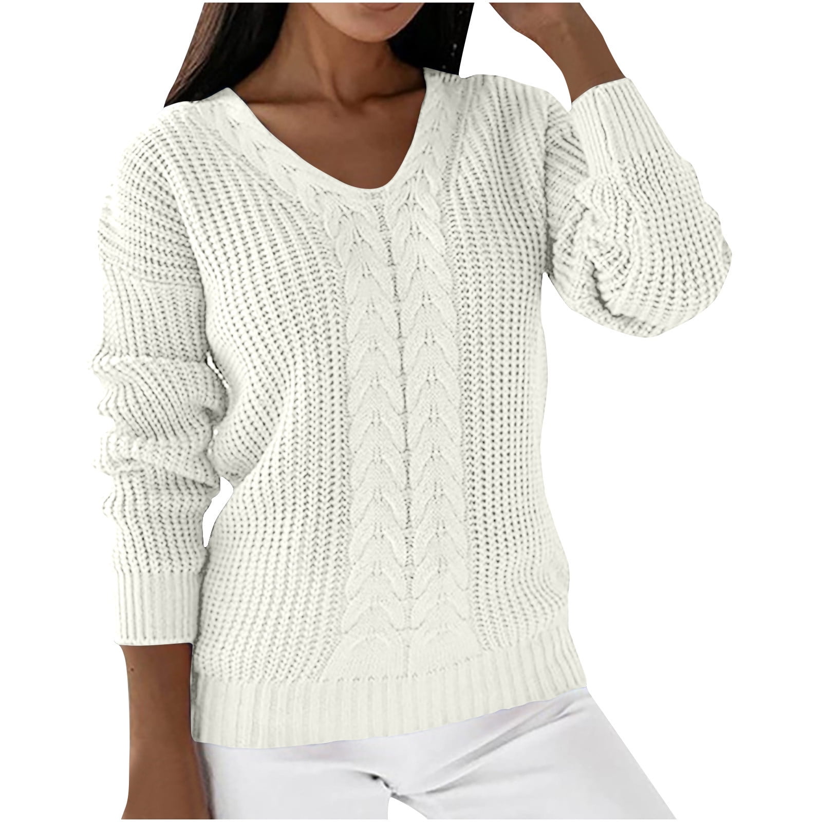 Ladies V Neck Sweaters, Trendy Cable Knit Plain Sweater Long Sleeve ...