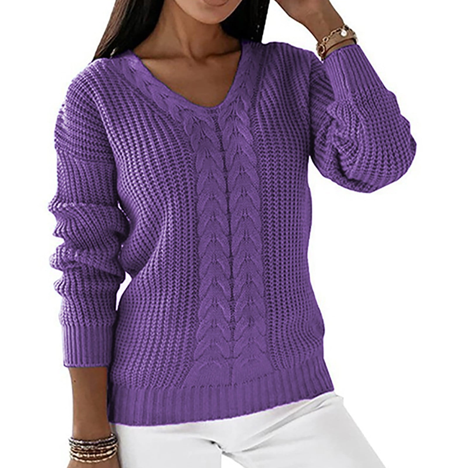 Ladies V Neck Sweaters, Trendy Cable Knit Plain Sweater Long Sleeve ...