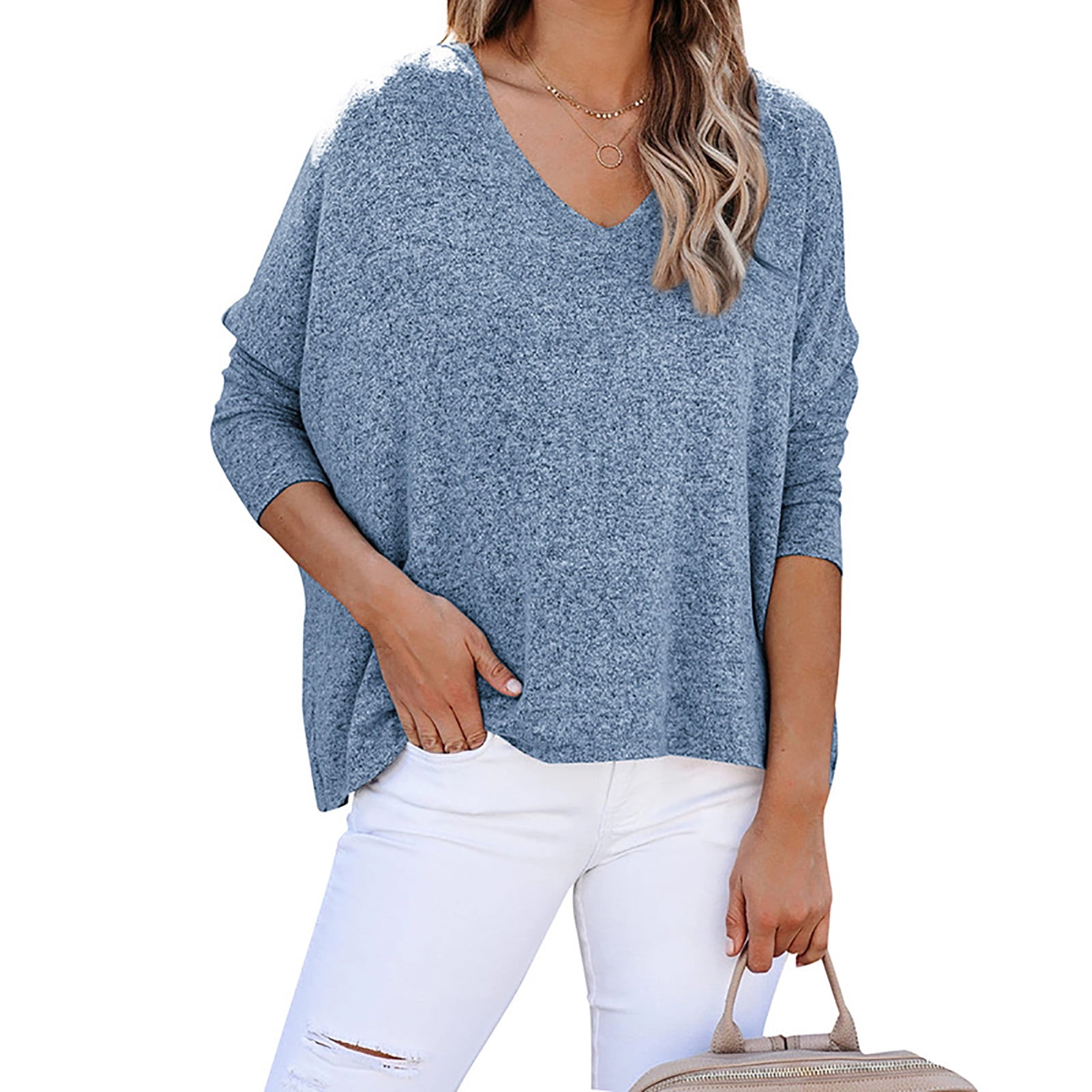 Ladies V Neck Top Long Sleeve Pure Color Breathable Simple Casual Autumn Winter Pullover Blouses ...