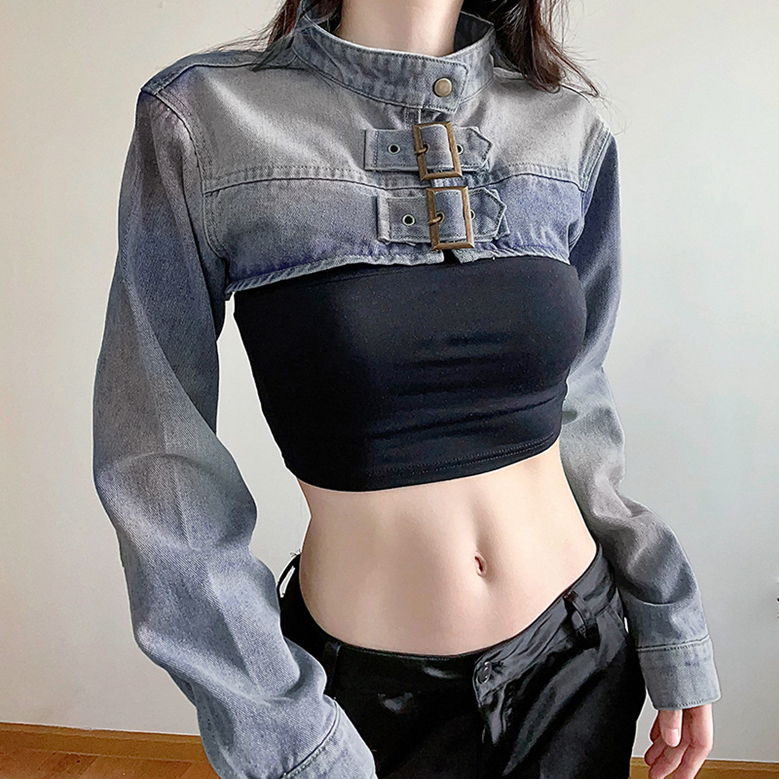 Ladies Vintage Washed Denim Vest Jacket Stand Button Up Sleeveless ...
