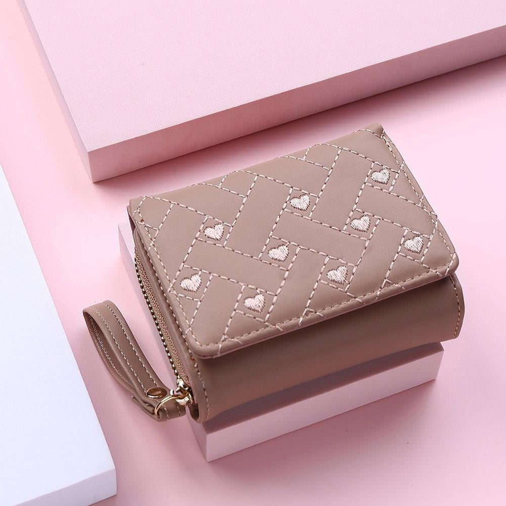 Ladies Wallet Mauve Wallet Embroidered Heart Coin Purse Tri-Fold Card ...