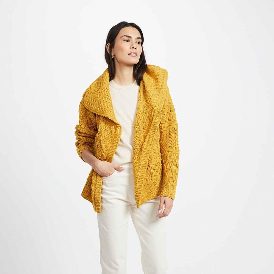 Ladies Yellow Irish Merino Wool Cardigan Size XL Made By Aran Woollen ...