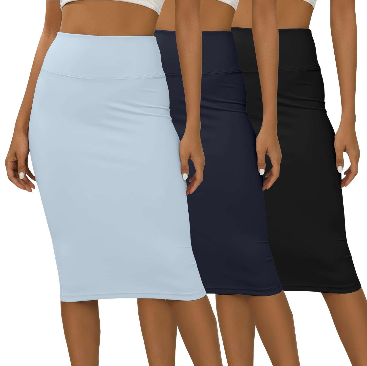 Real Essentials 3 Pack: Womens Soft Midi Skirt – High Waisted Pencil ...