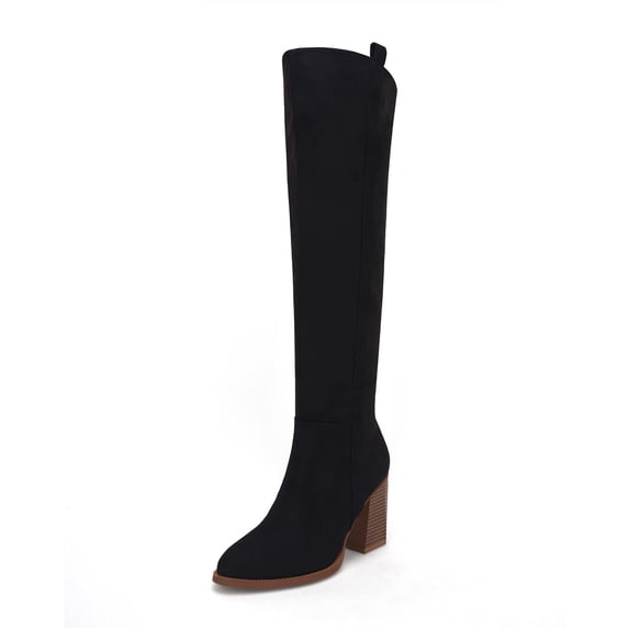 Women Faux Suede Knee High Side Zipper Chunky Heel Stretch Winter Boots ...