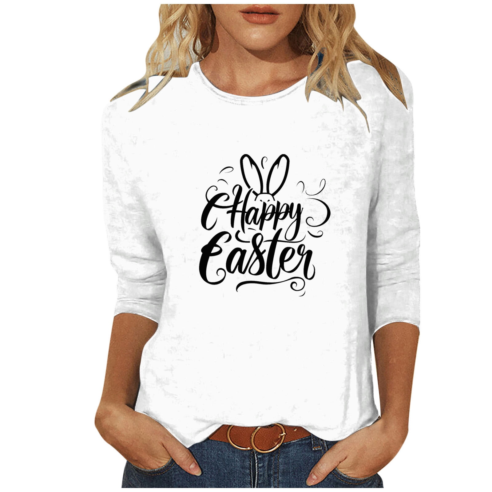 Lady 3/4 Sleeve Blouse Easter Bunny Top Rabbit Print Clothing Crewneck ...
