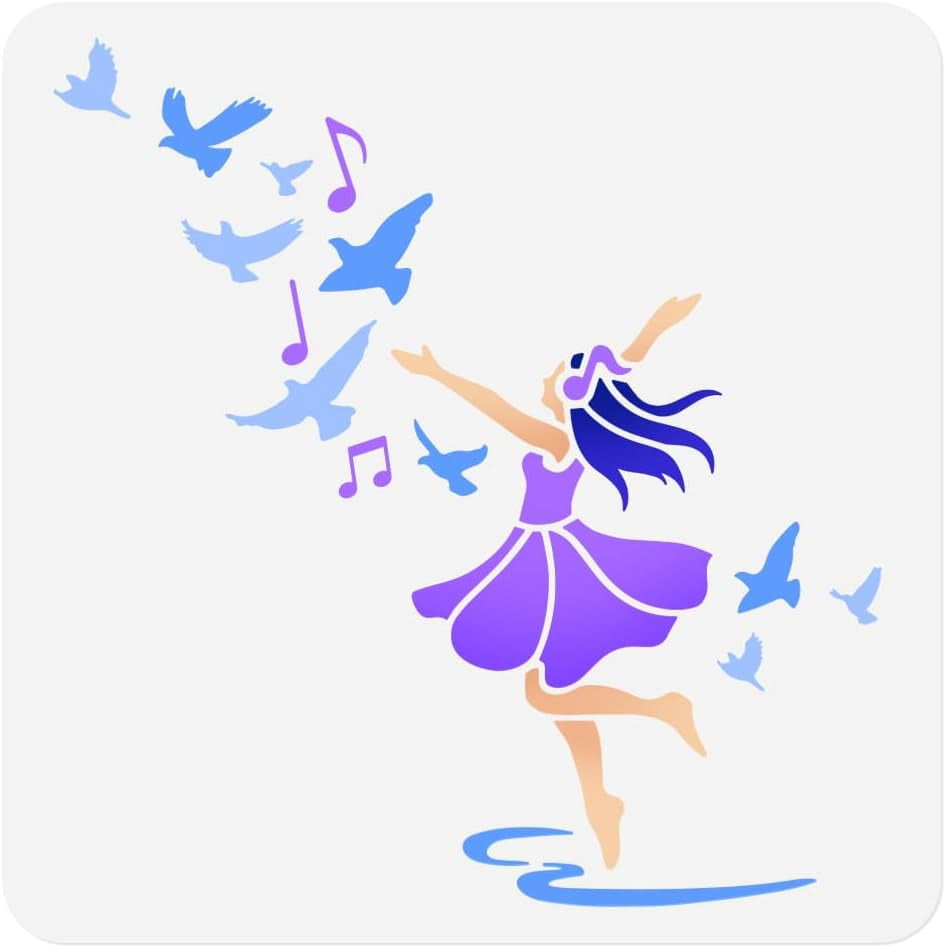 Lady with Birds Stencil for Painting 11.8 x 11.8 Inch Reusable Plastic ...