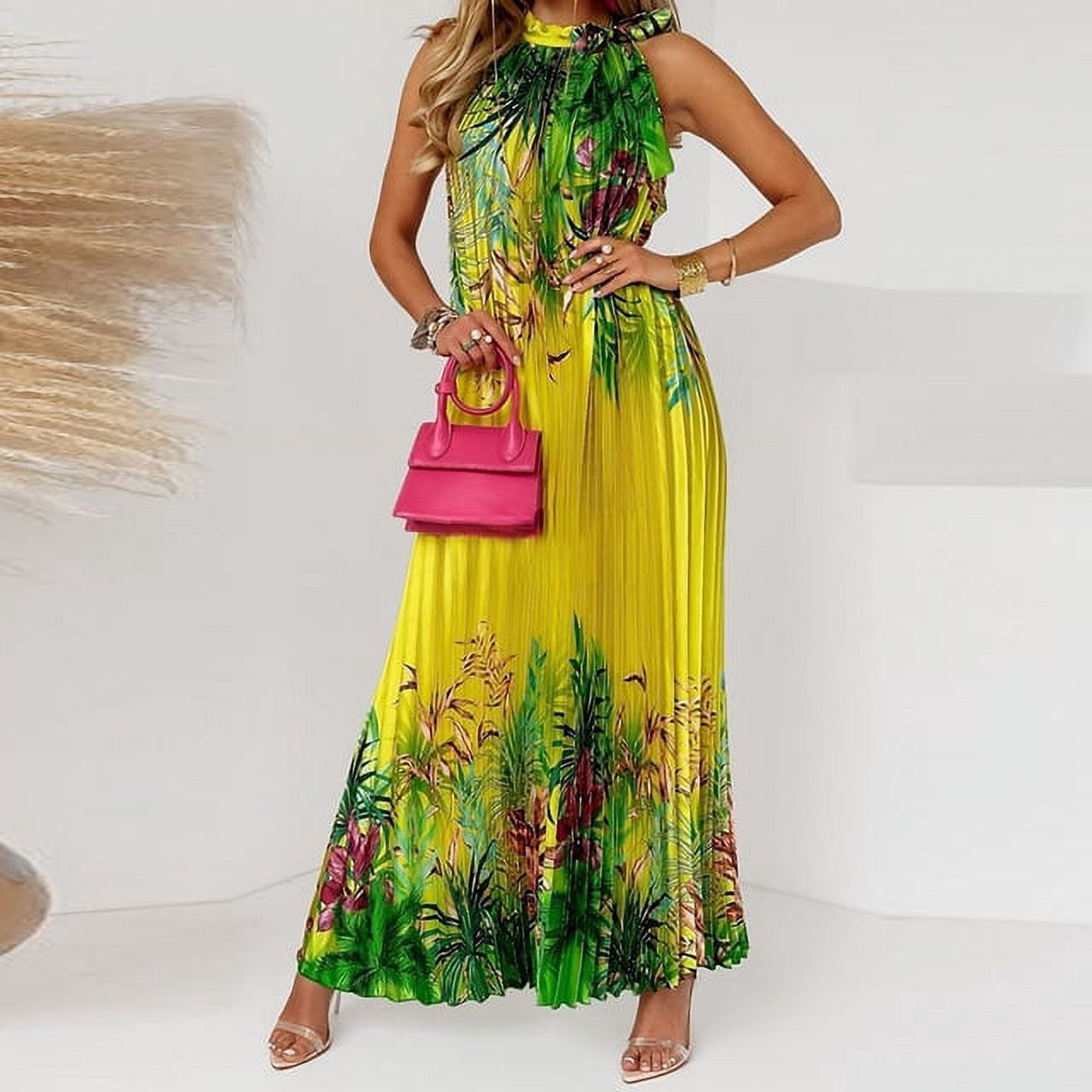 Lady Casual Loose Halter Pleated Maxi Dress Women Fashion Leaf Print ...