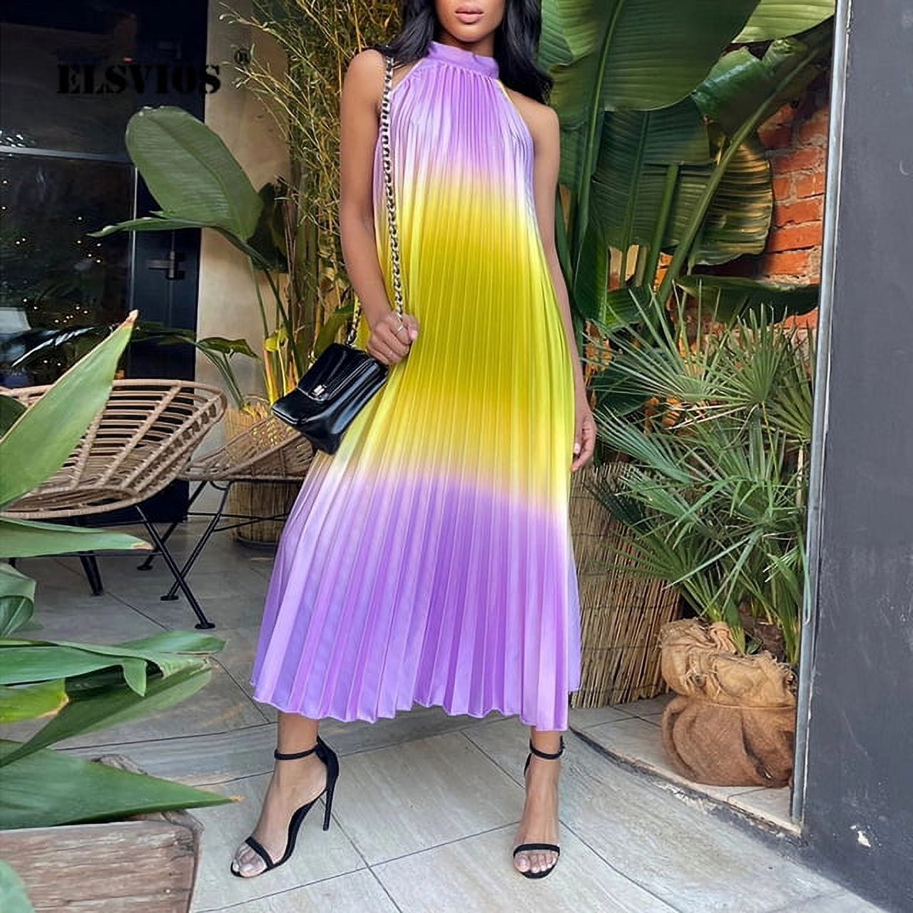 Lady Casual Loose Halter Pleated Maxi Dress Women Fashion Leaf Print ...