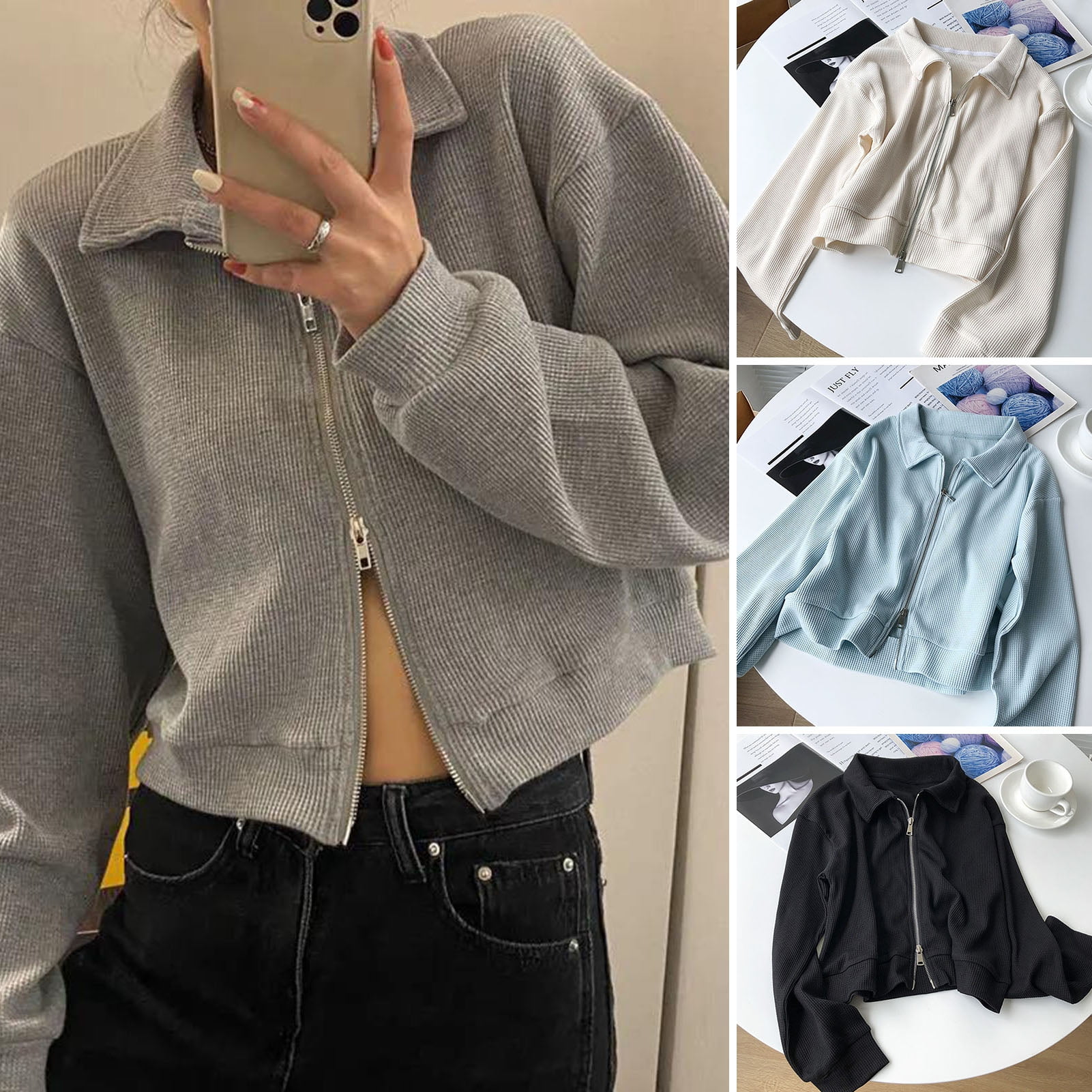 Lady Coat - Waffle Texture, Dual Zipper, Turn-down Collar, Loose Sport ...