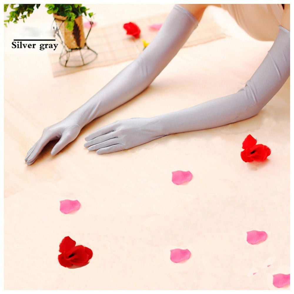Lady Evening Party Bridal Opera Satin Gloves Long Prom Costume SILVER ...
