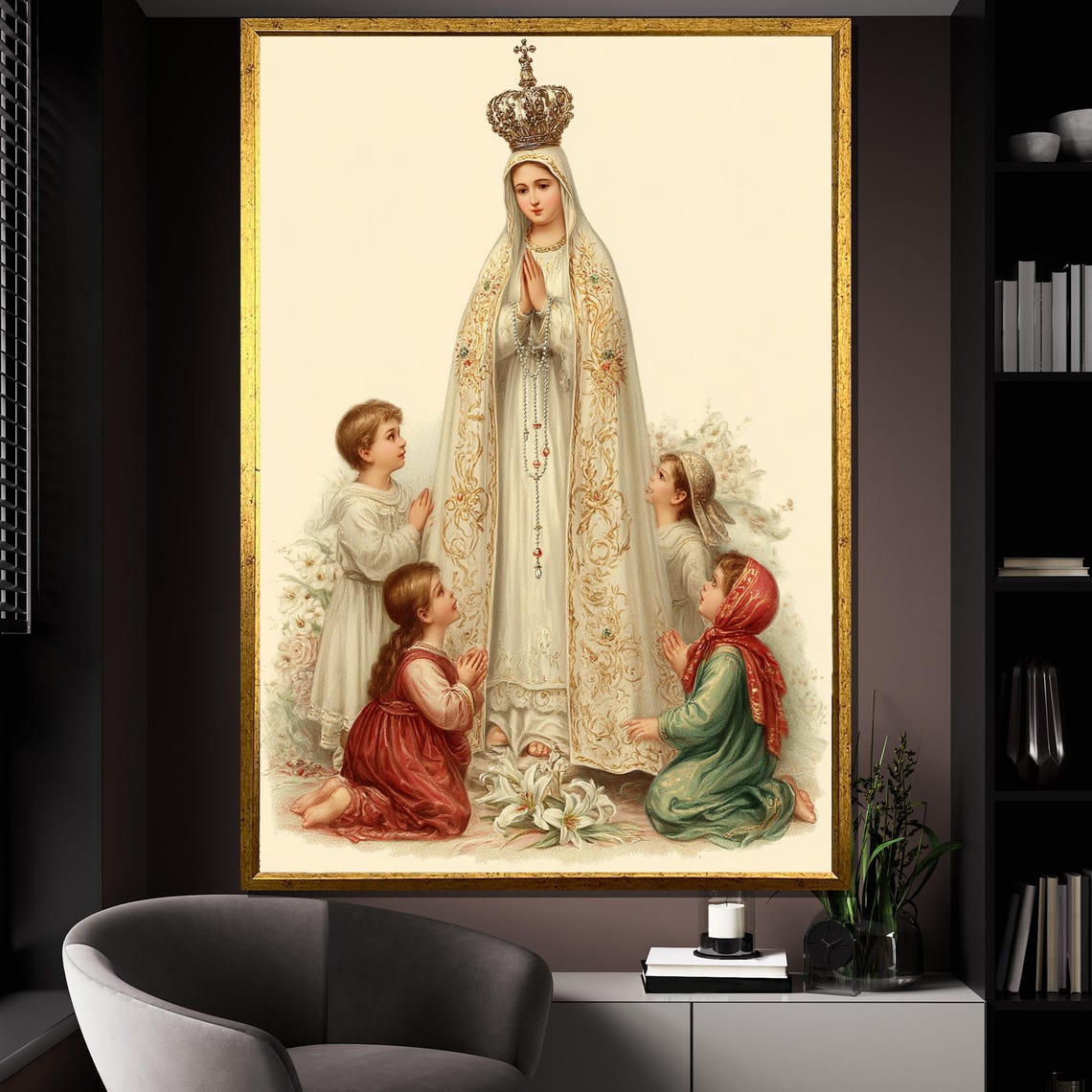 Our Lady Of Fatima Canvas Painting – Elegant Crowned Virgin With ...