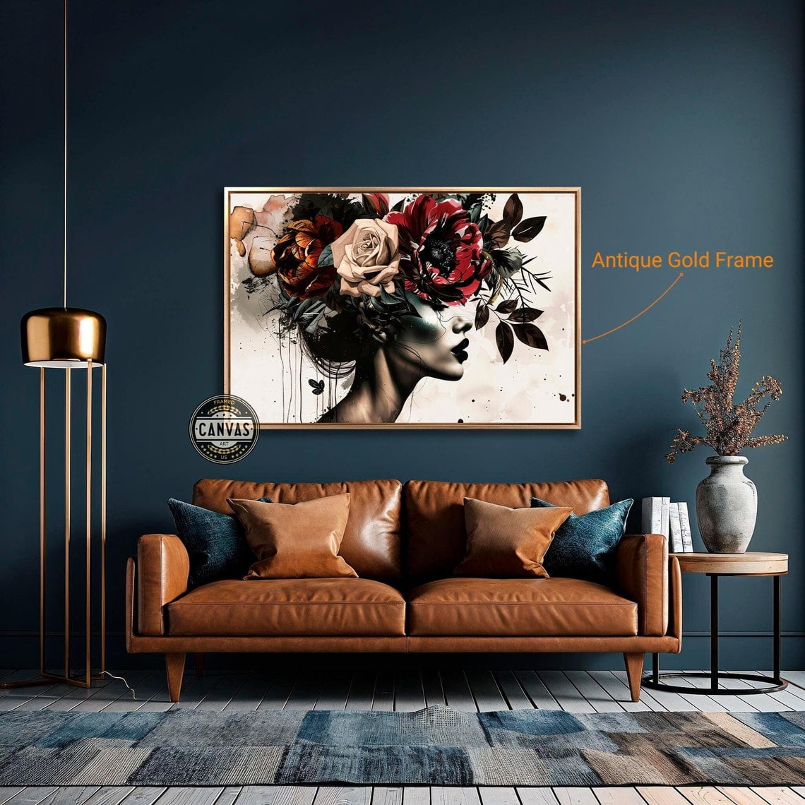 Lady Floral Head Wall Art Dark Botanical Woman Portrait Art Poster ...