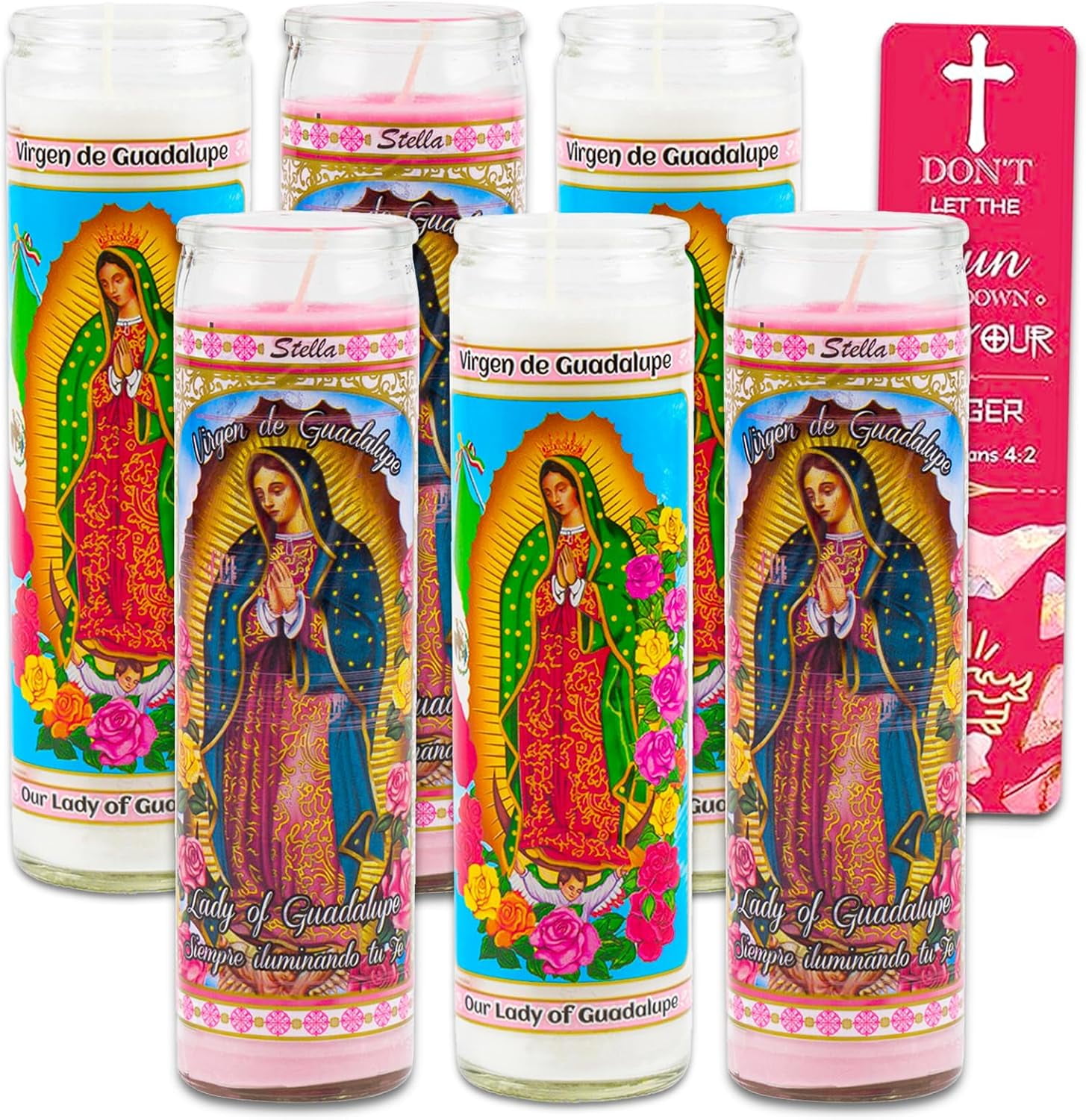 Our Lady of Guadalupe Devotional Candle 6 Pack - Bundle with 6 Lady of Guadalupe Glass Prayer ...