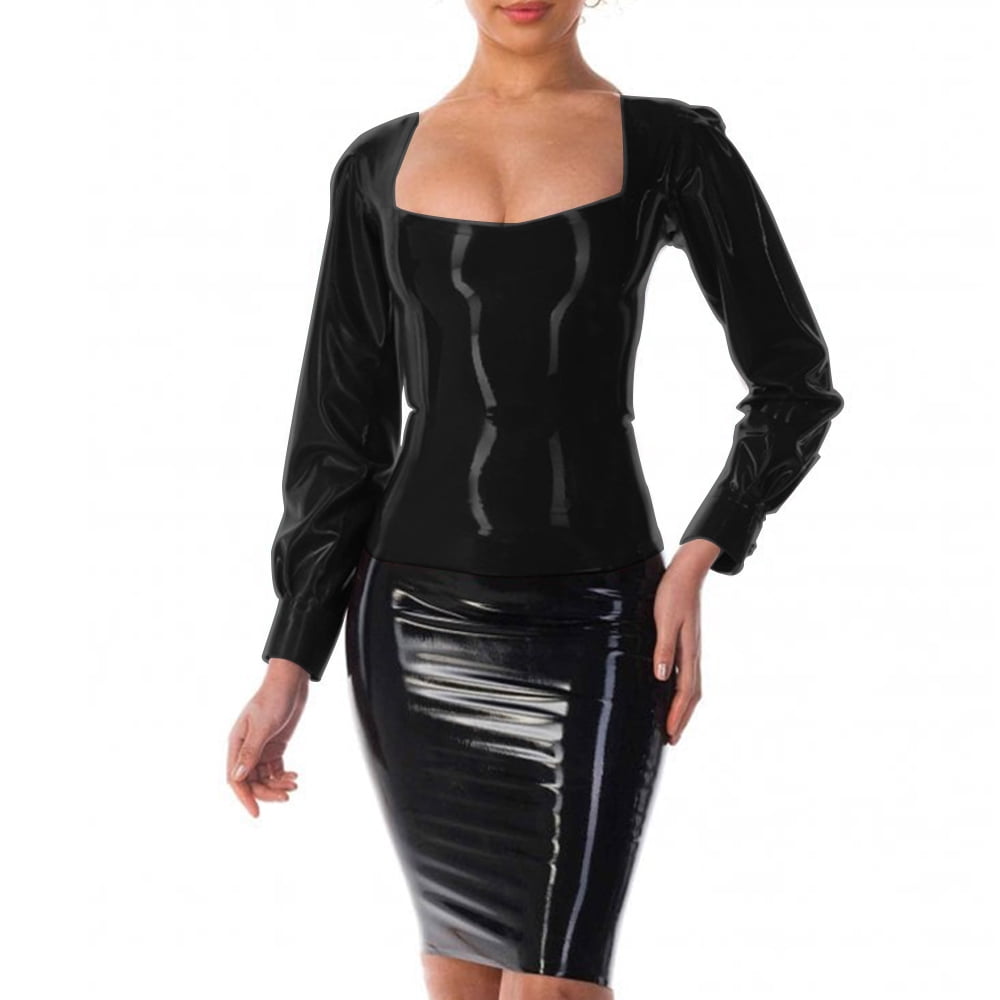 Lady High Street Square Neck Long Sleeve PVC Shiny Tops Woman Fashion ...
