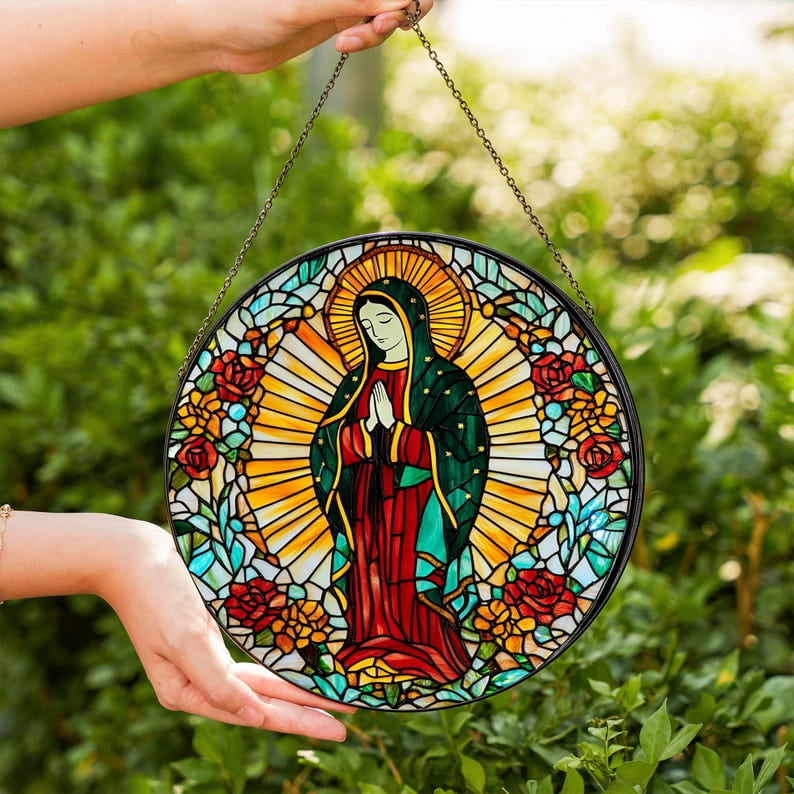 Lady Of Guadalupe Gemstone Rose Sunflower Glass Suncatcher, Our Lady of ...