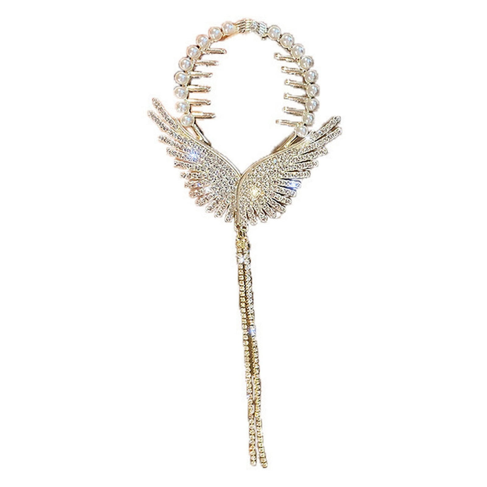 Lady Ponytail Claw Wings Shape Shiny Rhinestone Faux Pearl Long Tassel ...
