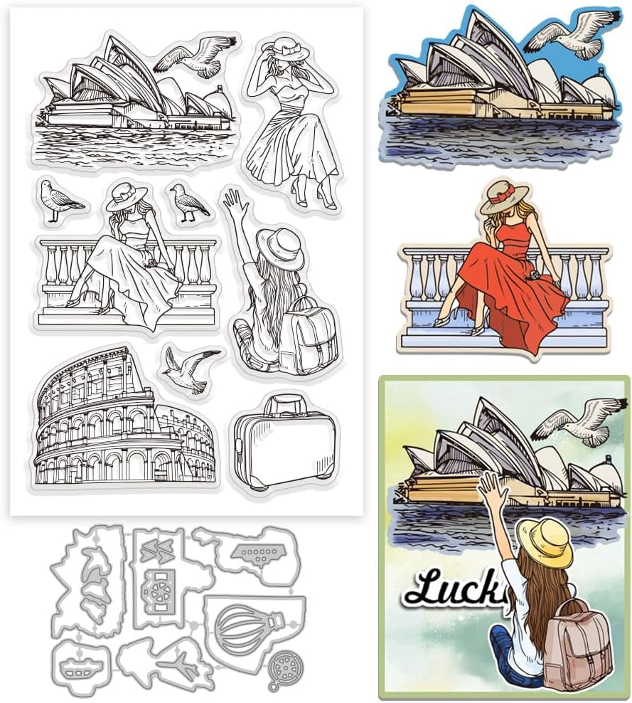 Lady Travel Seagull Clear Stamp and Cutting Dies Set for Card Making ...