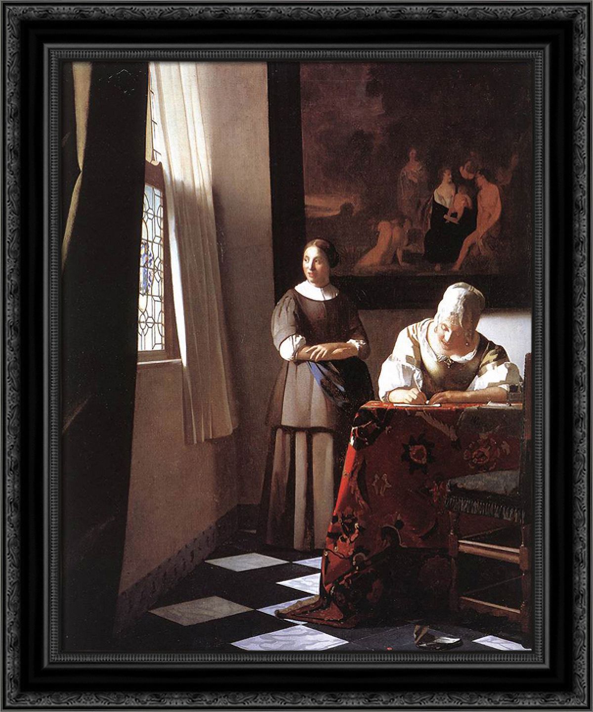 Lady Writing a Letter with Her Maid 20x23 Black Ornate Wood Framed ...